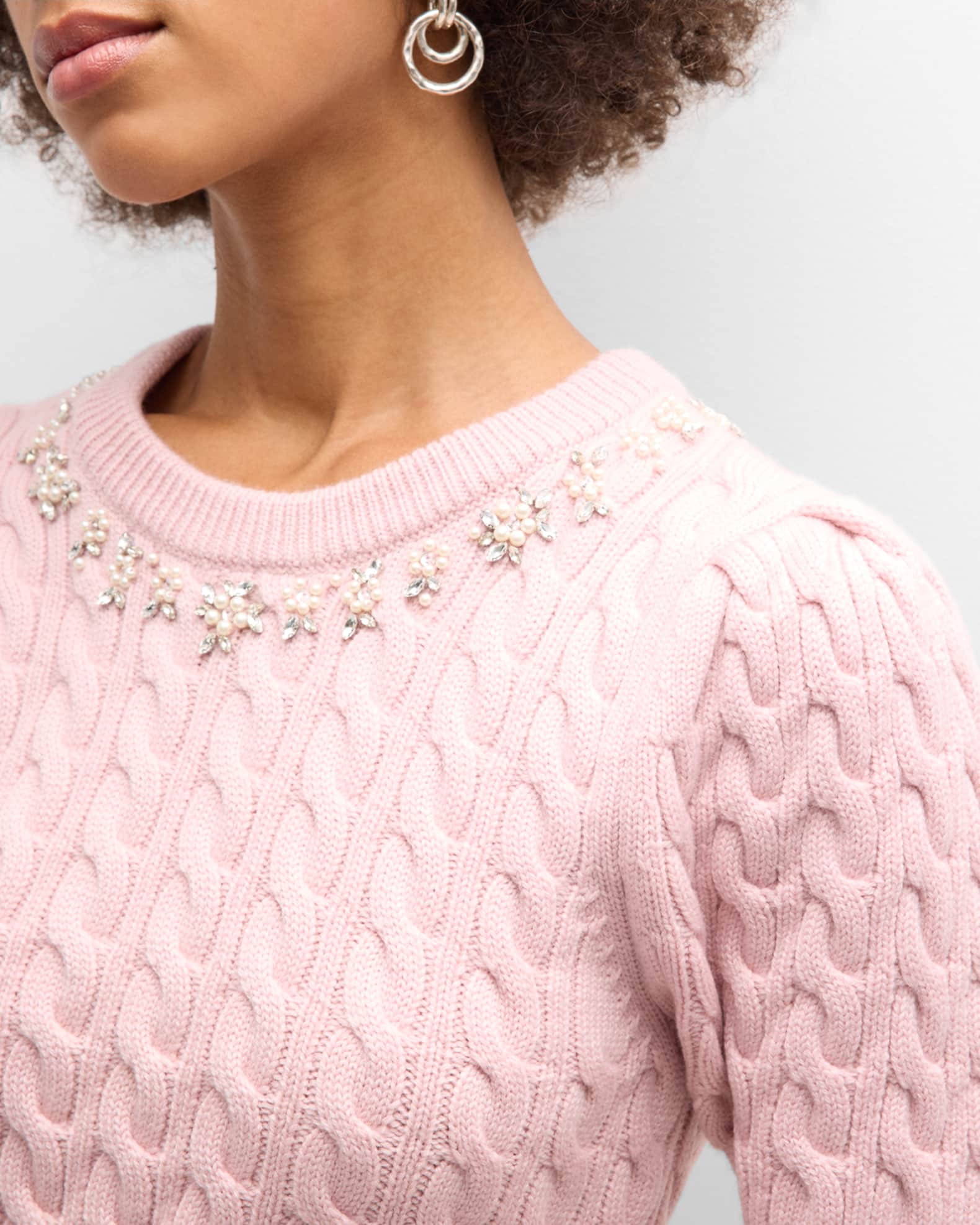 LoveShackFancy Chapelle Embellished Cable-Knit Wool Crop Sweater ...