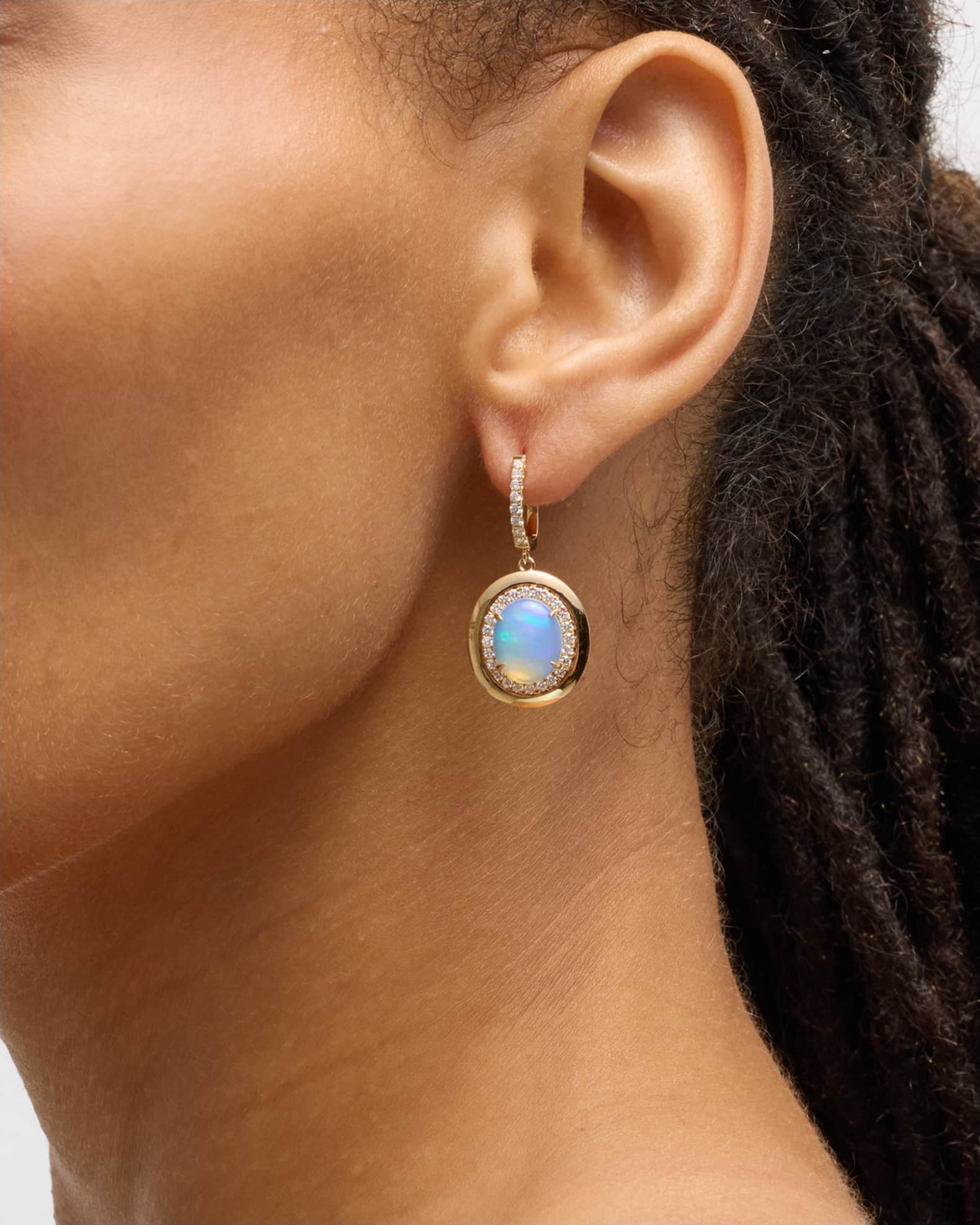 David Kord 18K Yellow Gold Earrings with Oval-Shape Opal and Diamonds, 4.04tcw | Neiman Marcus