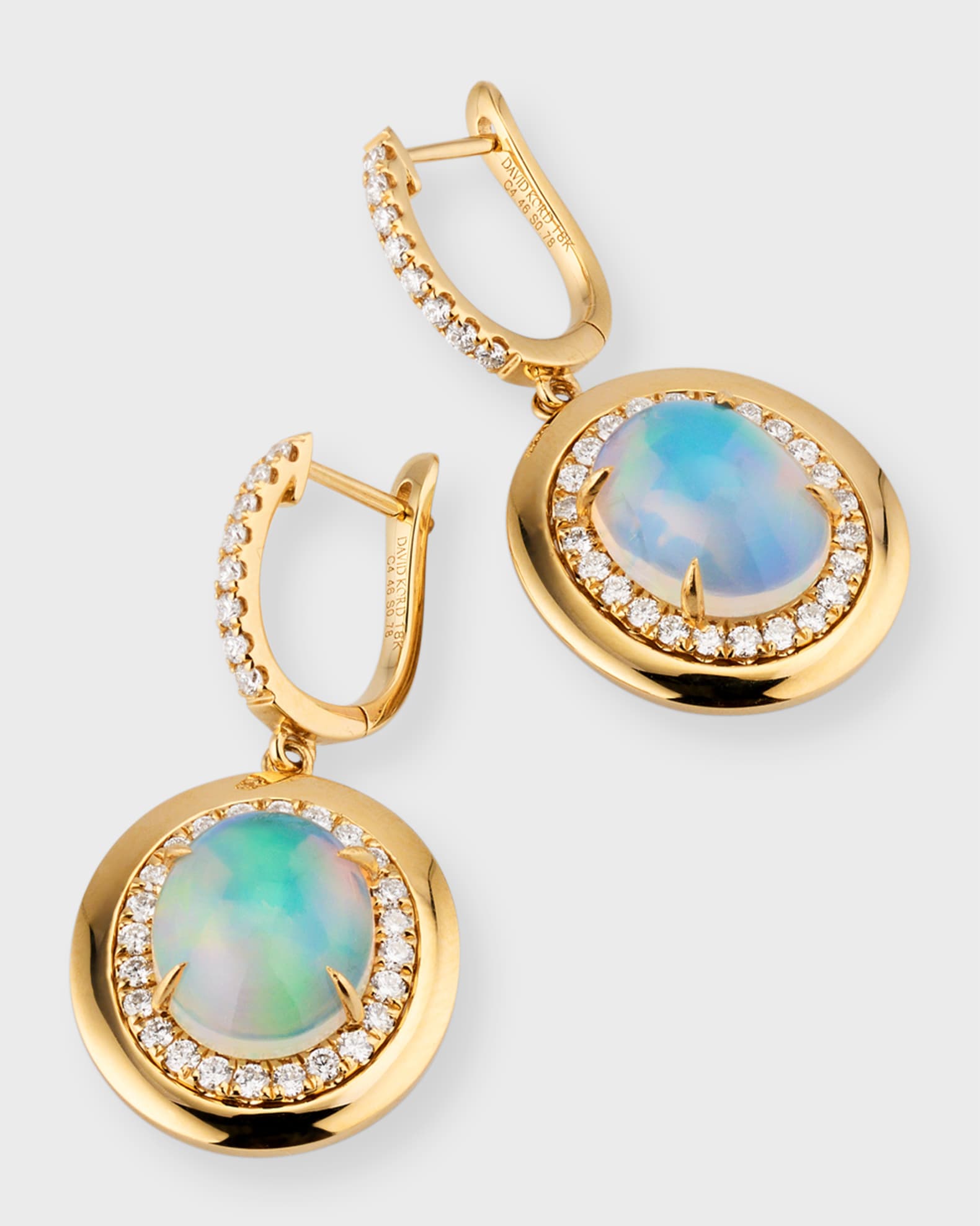 David Kord 18K Yellow Gold Earrings with Oval-Shape Opal and Diamonds, 4.46tcw | Neiman Marcus