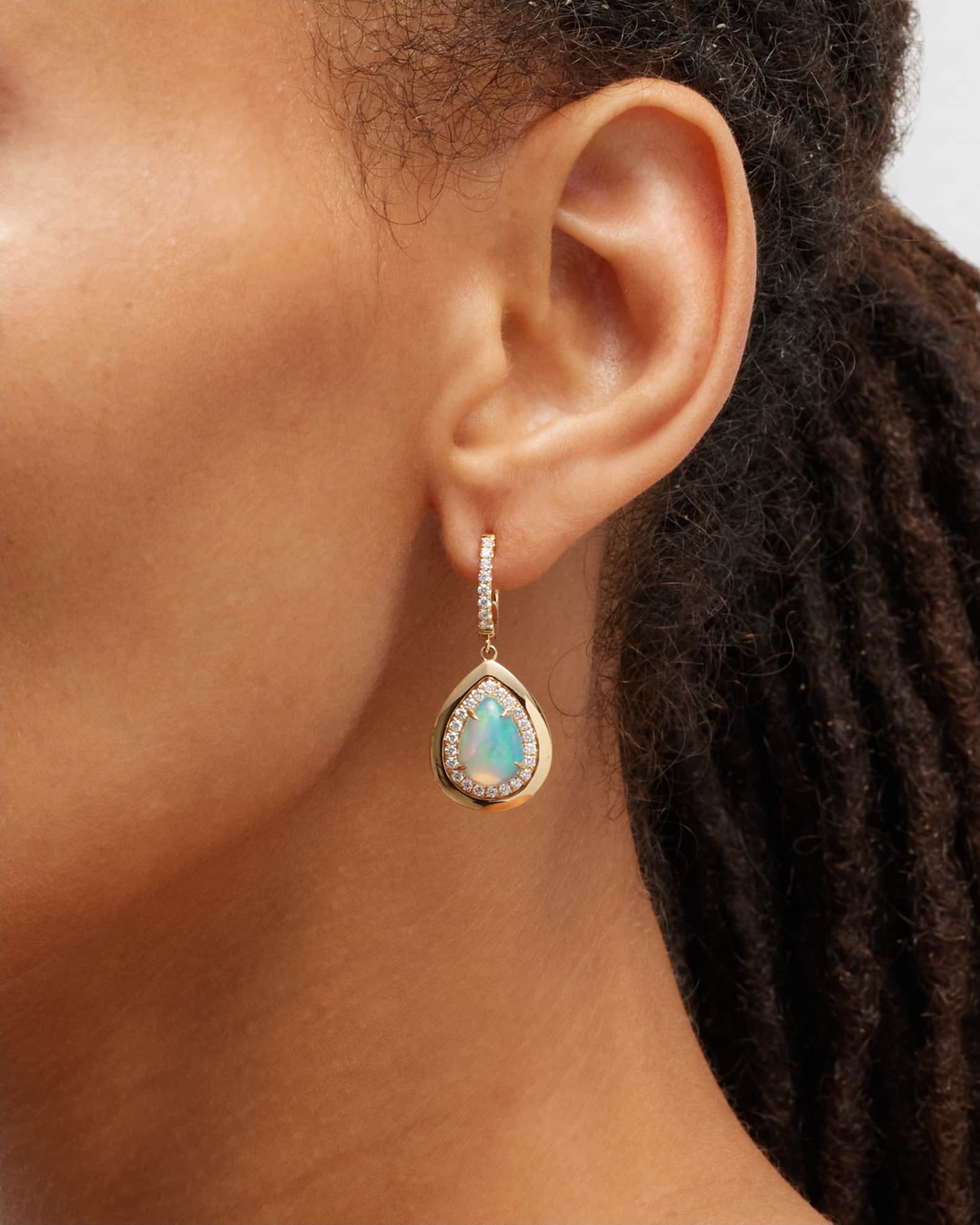 David Kord 18K Yellow Gold Earrings with Pear-Shape Opal and Diamonds, 2.97tcw | Neiman Marcus