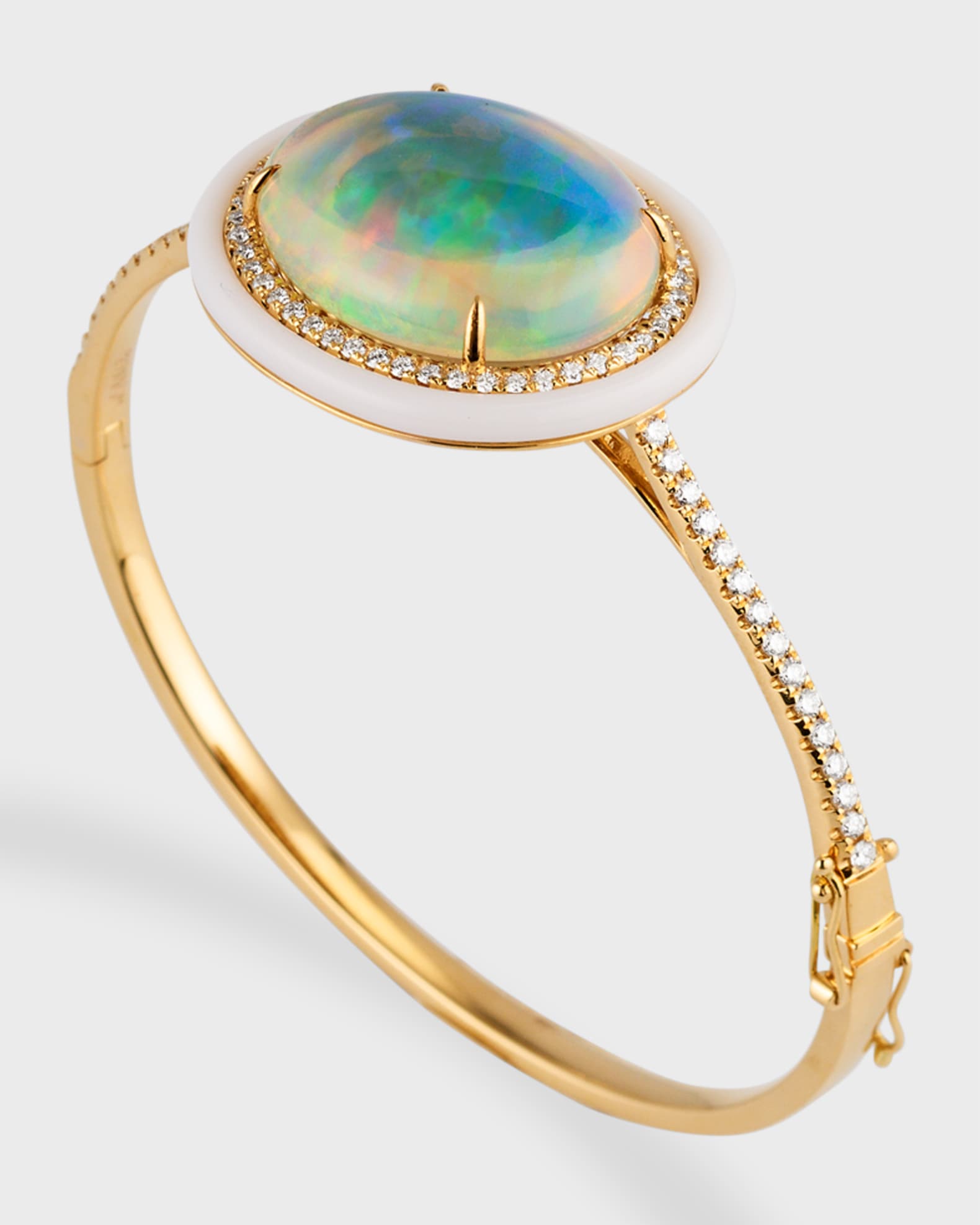 David Kord 18K Yellow Gold Bangle with Oval Opal, Diamonds and White ...