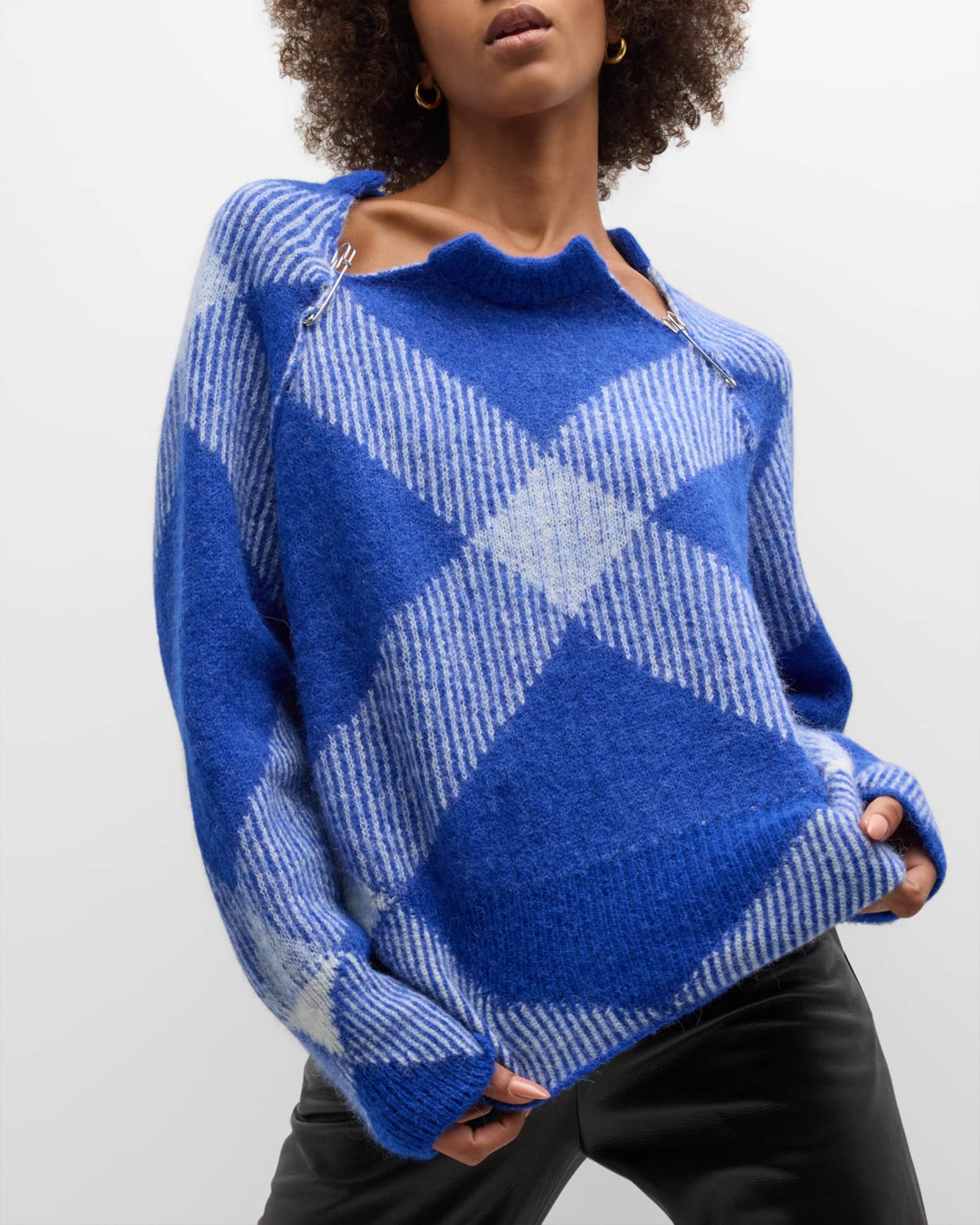Burberry Check Wool Sweater with Safety Pins | Neiman Marcus