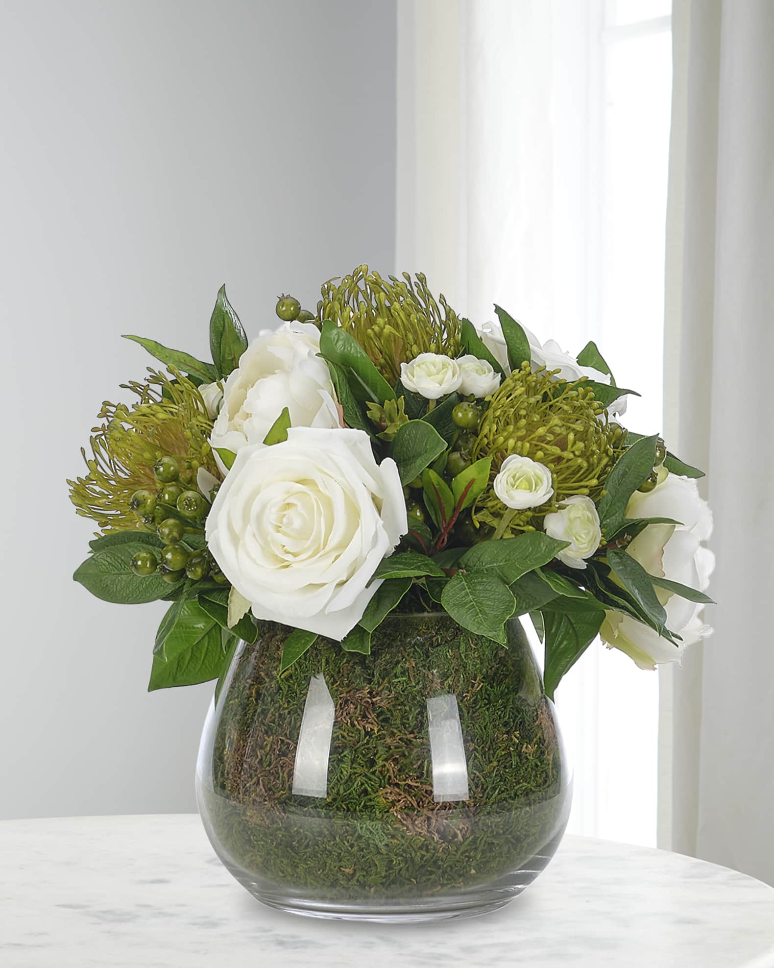 NDI Roses and Proteas 11" Faux Floral Arrangement in Moss Garden Glass ...