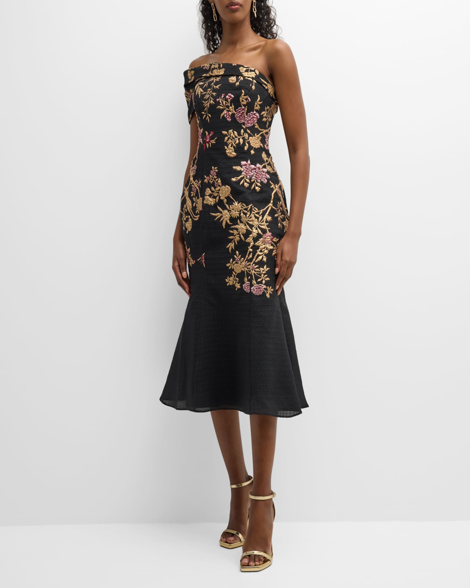 Marchesa Notte One-Shoulder Floral Jacquard Midi Dress | Neiman Marcus