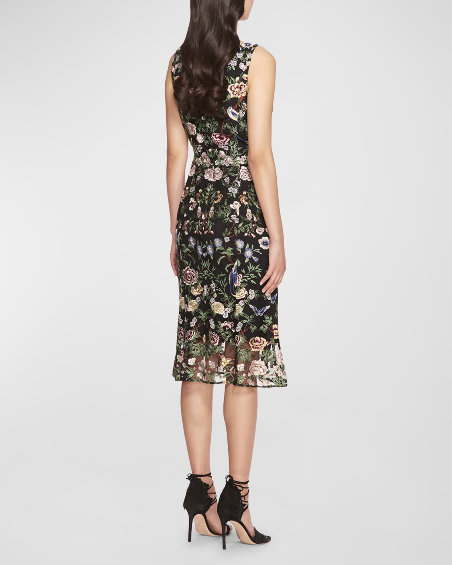 Marchesa Notte Sleeveless Floral-Embroidered Tulle Midi Dress | Neiman ...