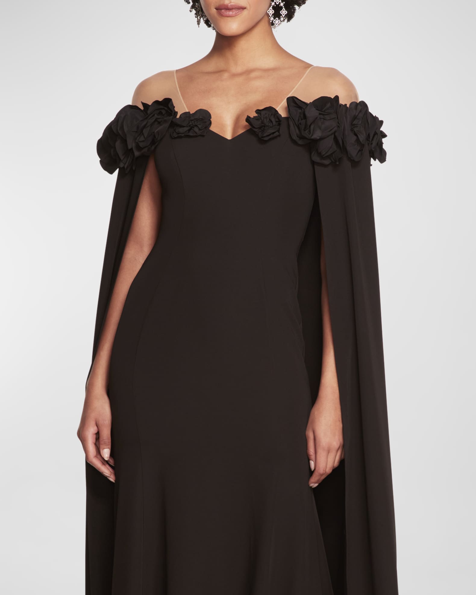Marchesa Notte Off-Shoulder Ruffle Cape Gown | Neiman Marcus