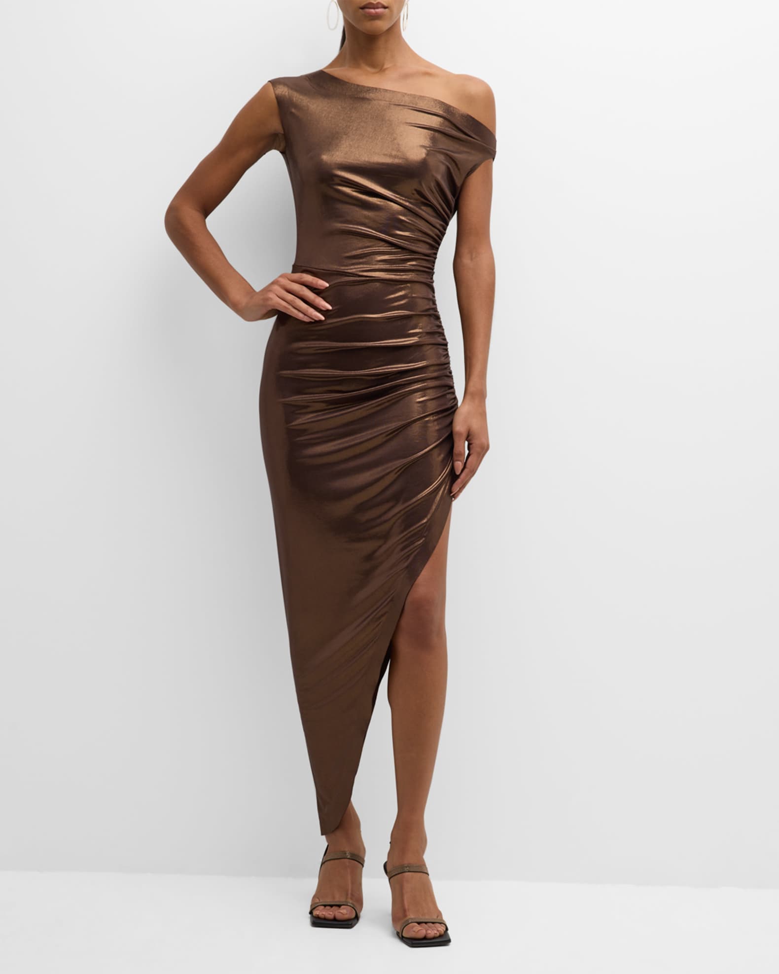Norma Kamali Drop-Shoulder Side Drape Lamé Gown | Neiman Marcus