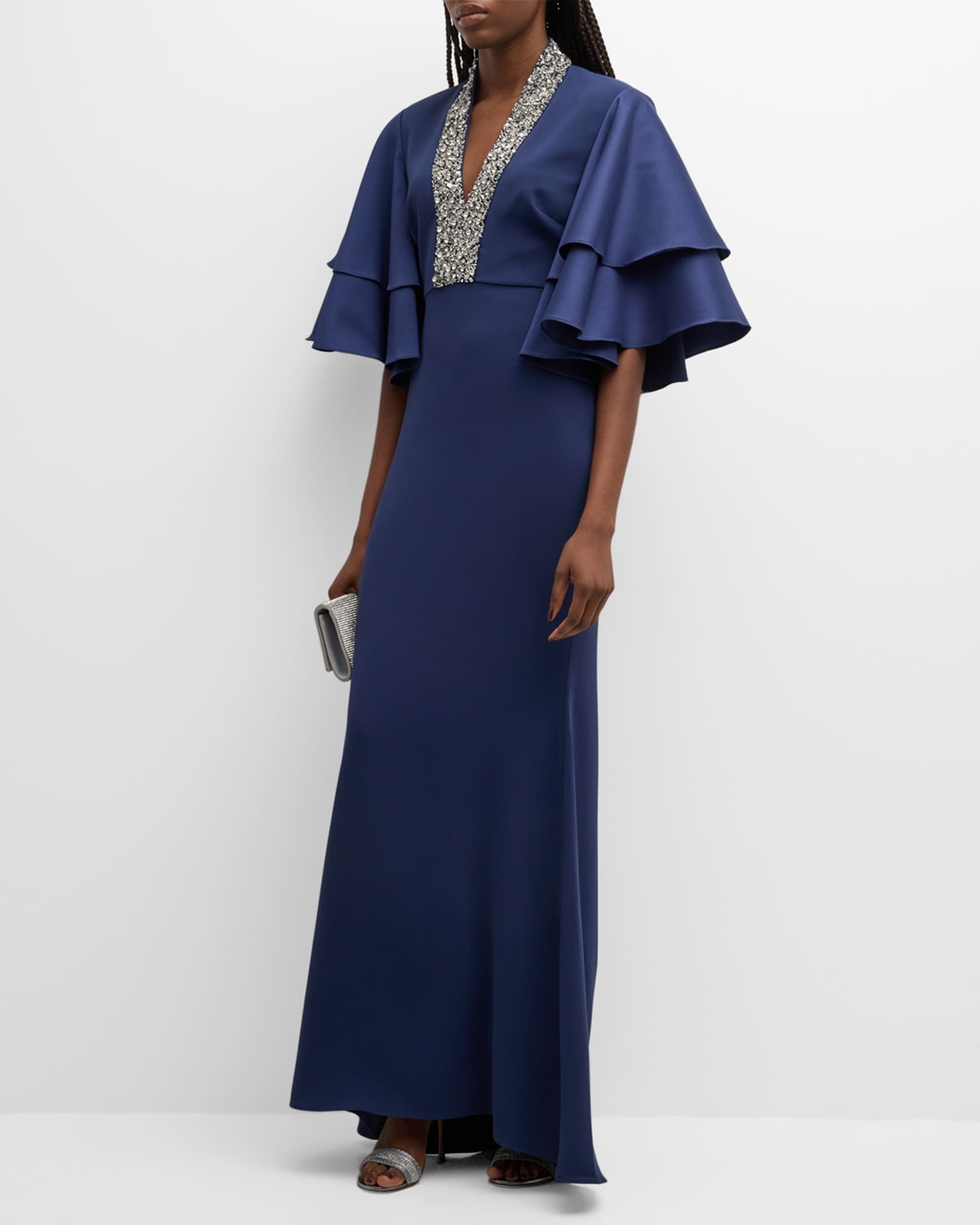 Badgley Mischka Collection Jewel-Embellished Tiered-Sleeve Gown ...