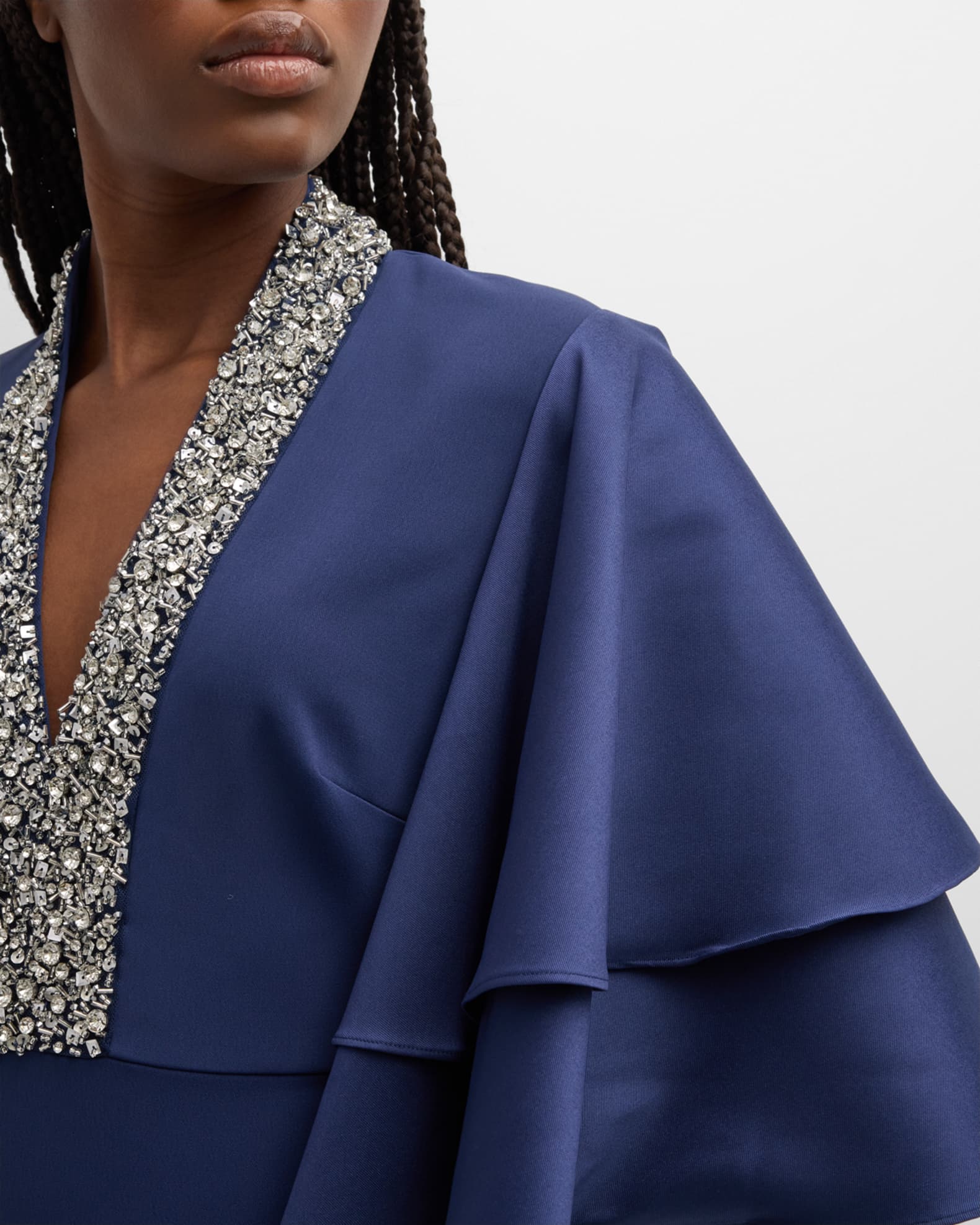 Badgley Mischka Collection Jewel-Embellished Tiered-Sleeve Gown ...