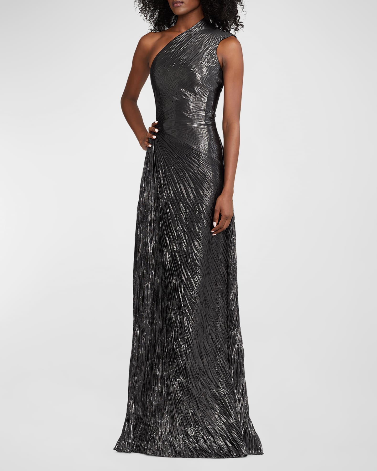 Ralph Lauren Collection Hadlea Metallic Pleated One-Shoulder Gown ...