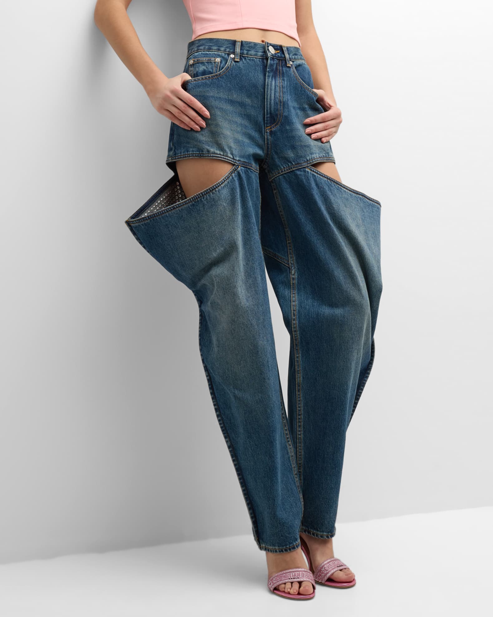 AREA Crystal Cutout Slit Jeans | Neiman Marcus