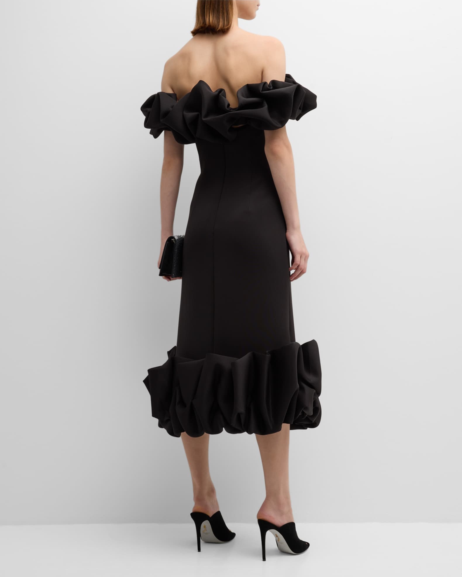 Jovani Pleated Off-Shoulder Ruffle Midi Dress | Neiman Marcus
