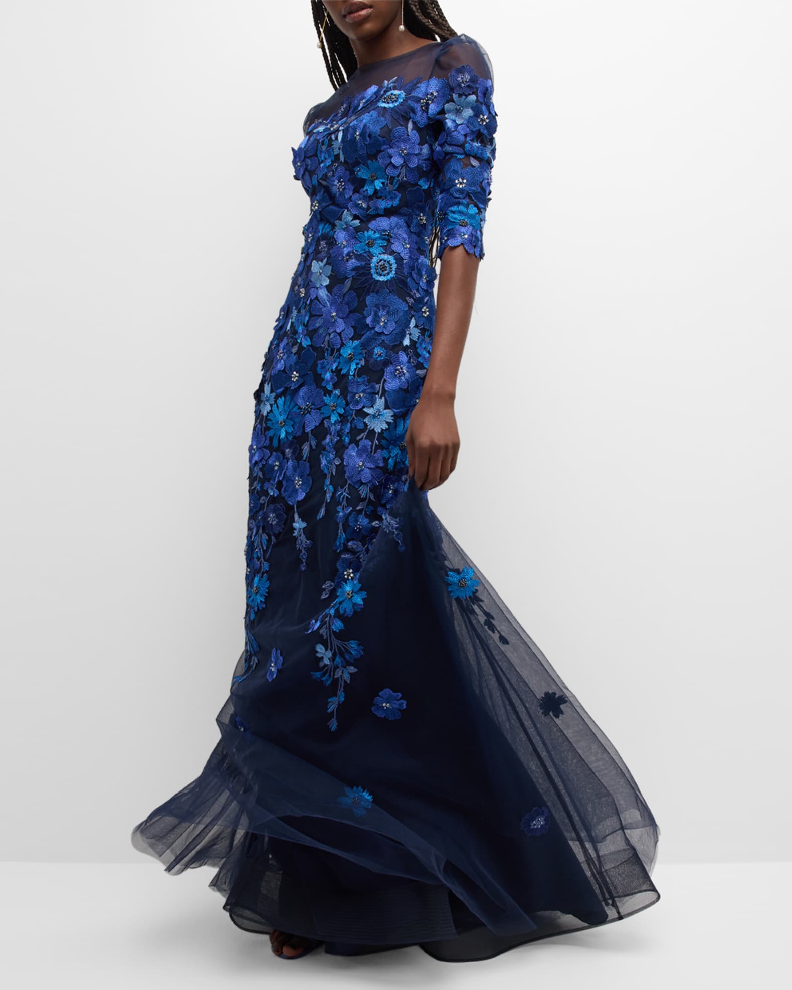 Rickie Freeman for Teri Jon Floral-Embroidered Puff-Sleeve Tulle Gown ...