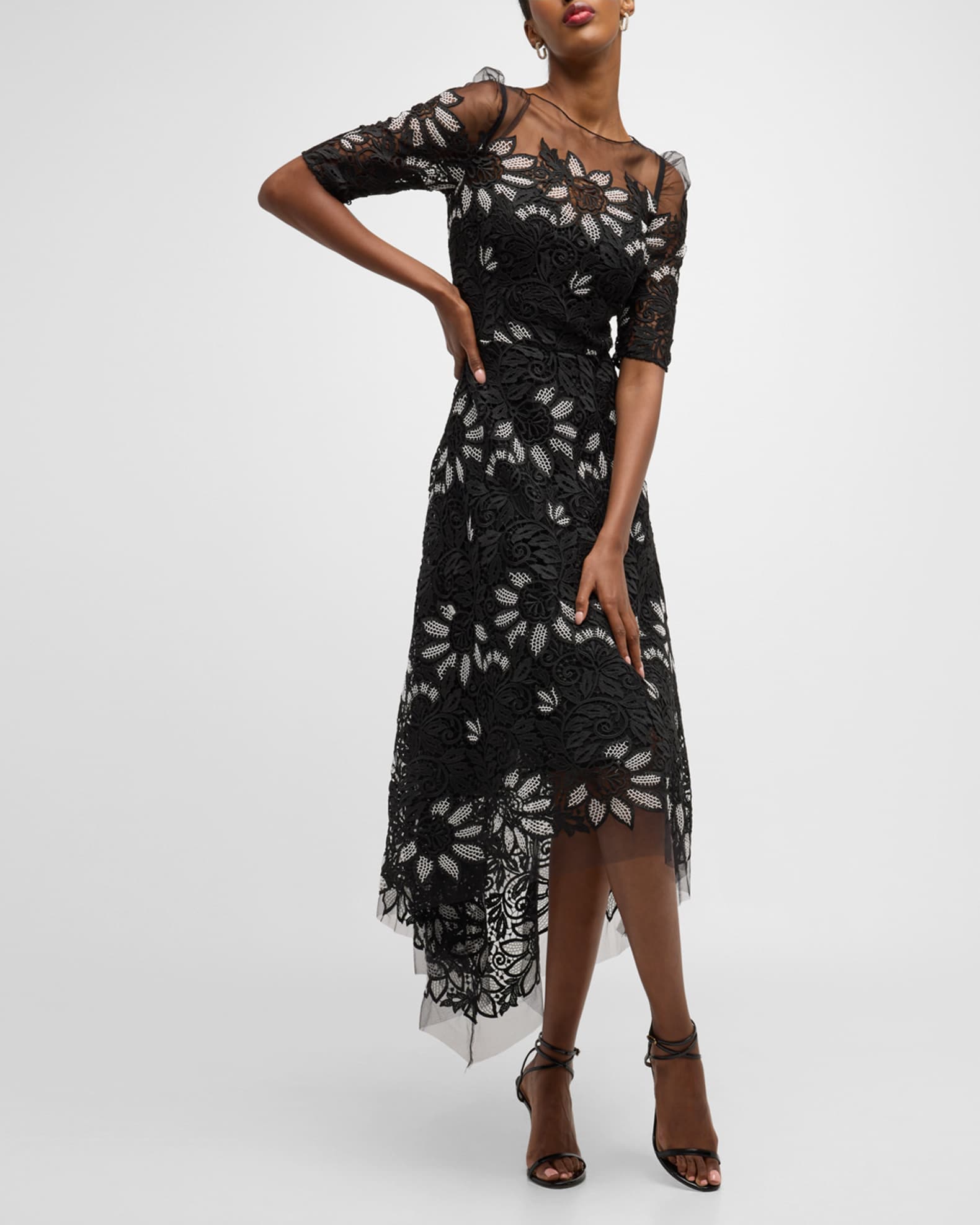 Rickie Freeman for Teri Jon High-Low Floral Lace Midi Dress | Neiman Marcus