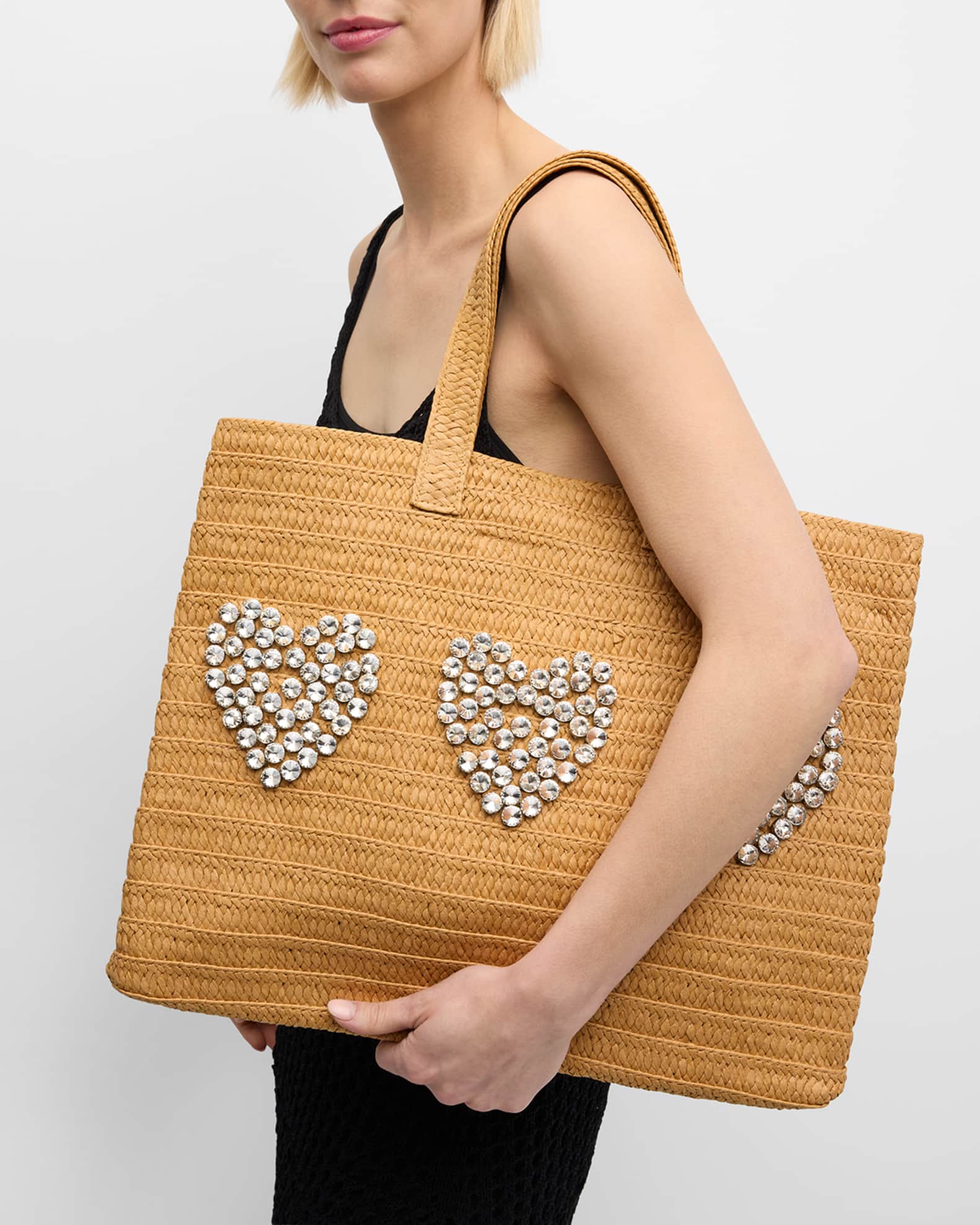 BTB Los Angeles Crystal Heart Straw Tote Bag | Neiman Marcus