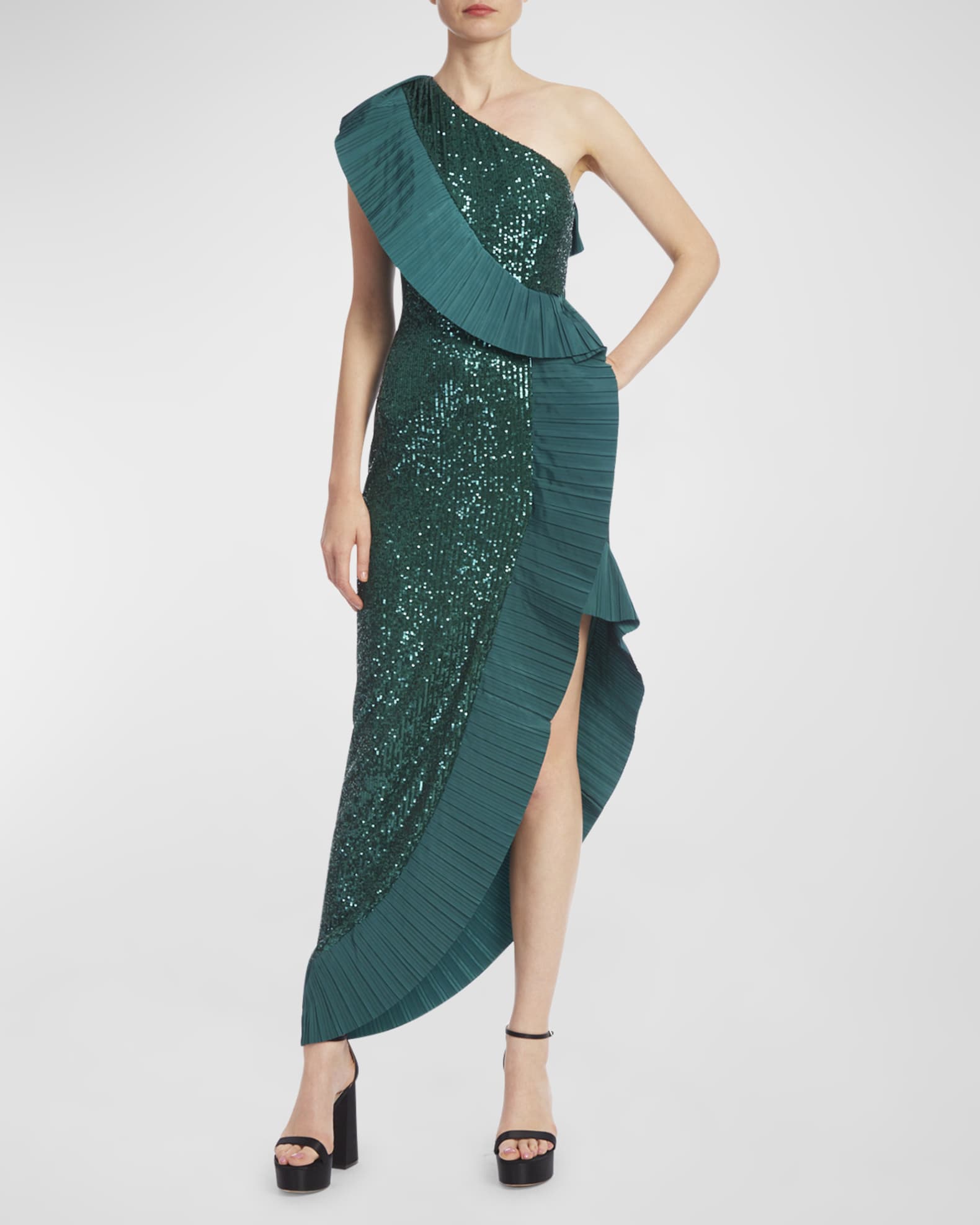 One33 Social One-Shoulder Sequin Ruffle High-Low Gown | Neiman Marcus