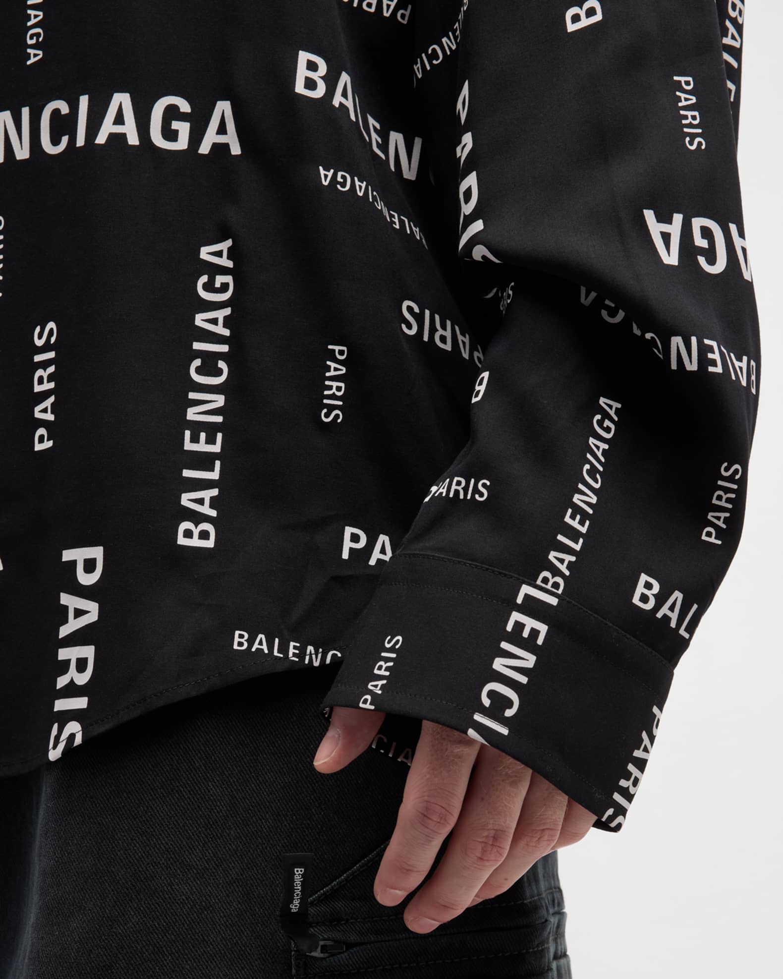 Balenciaga Men's Bal Paris Allover Minimal Shirt Large Fit | Neiman Marcus