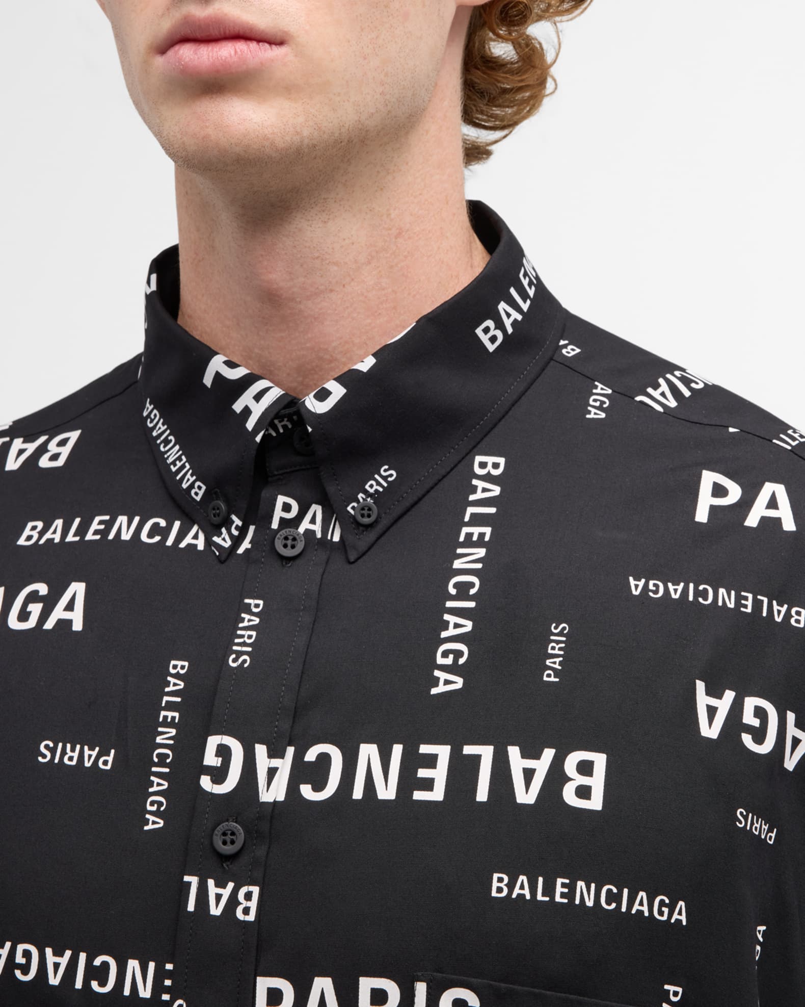 Balenciaga Men's Bal Paris Allover Minimal Shirt Large Fit | Neiman Marcus