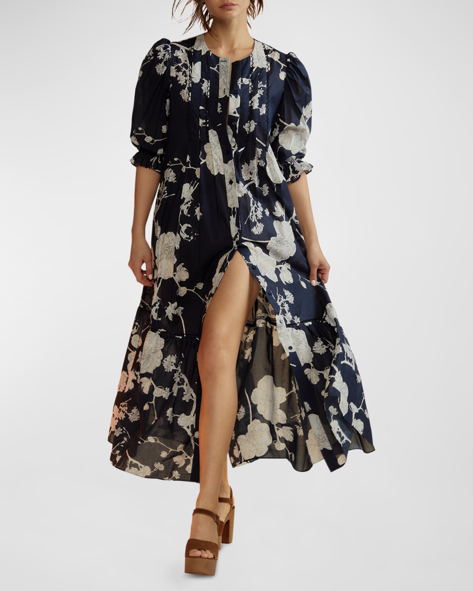 Cynthia Rowley Puff-Sleeve Floral-Print Pintuck Midi Dress | Neiman Marcus