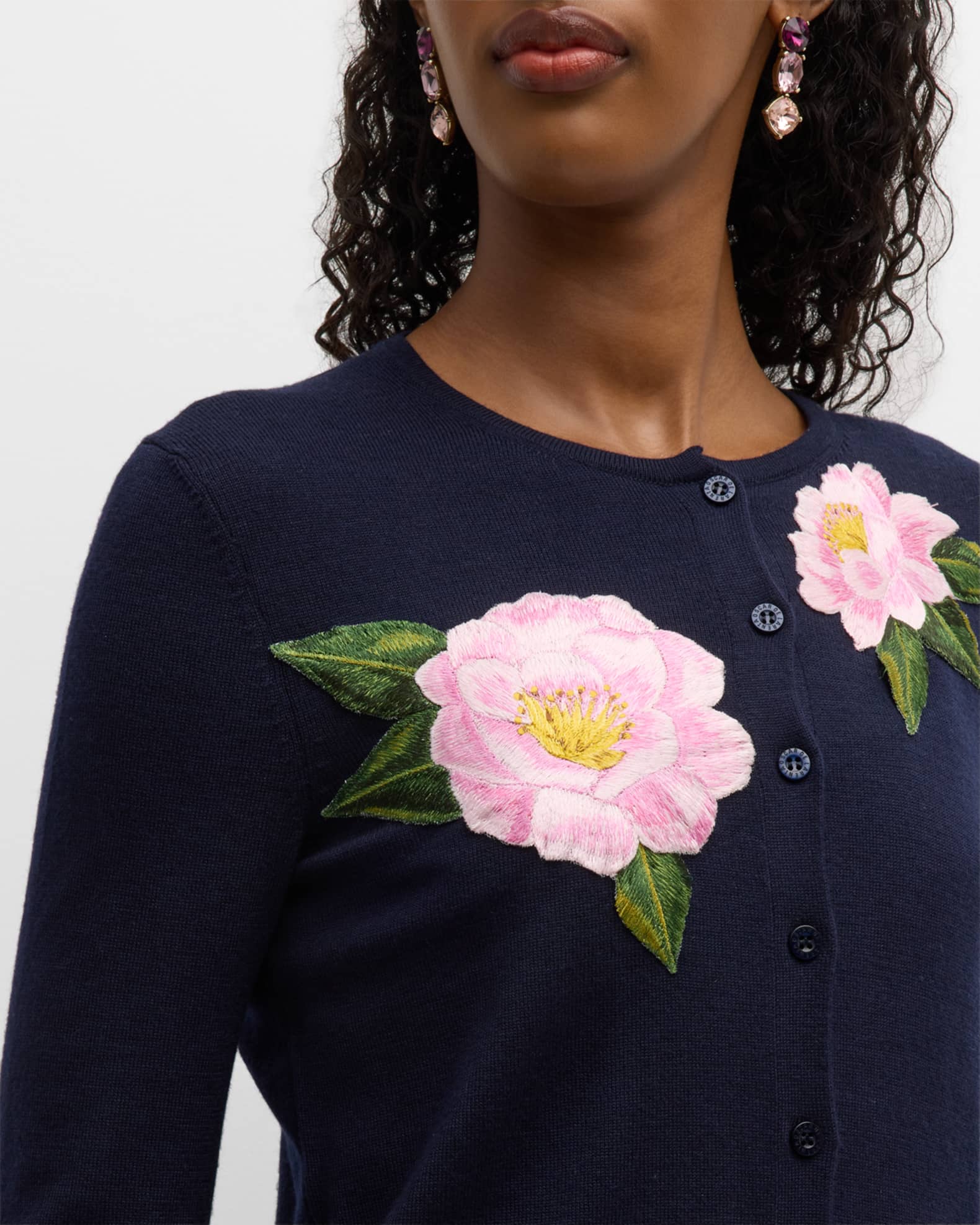 Oscar de la Renta Camellia Threadwork Wool Cardigan | Neiman Marcus
