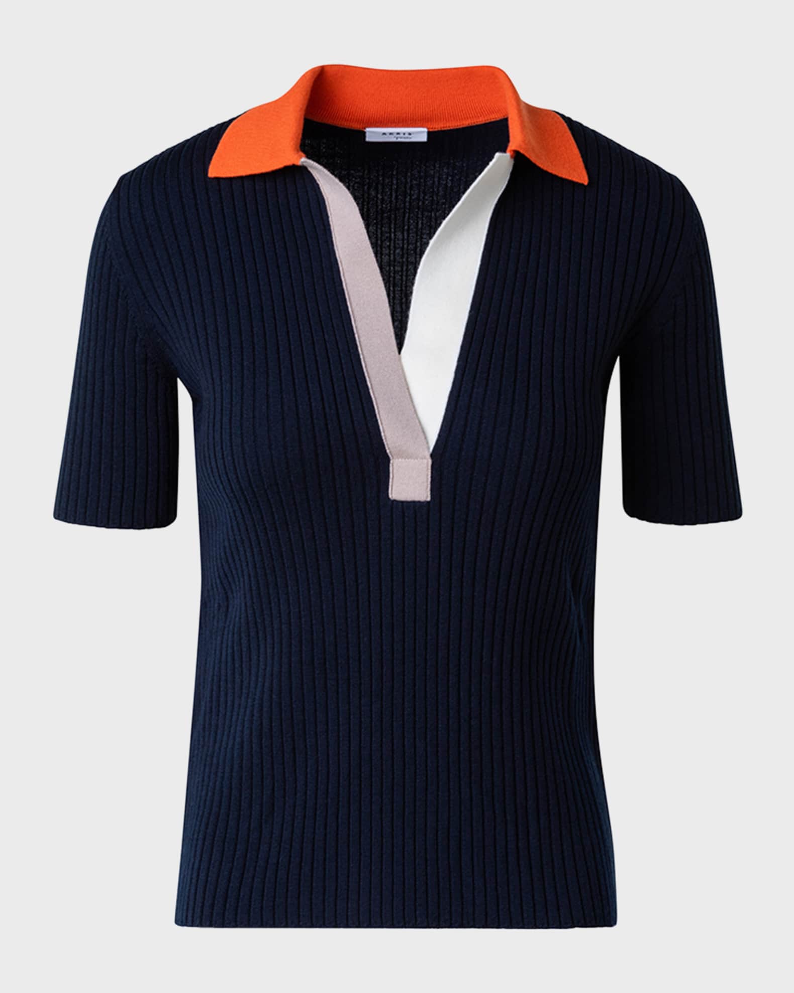 Akris punto Ribbed Knit Wool Polo Top with Colorblock Collar | Neiman ...