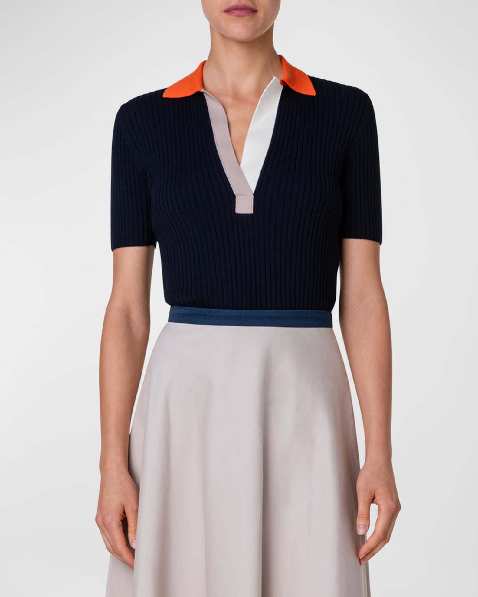 Akris punto Ribbed Knit Wool Polo Top with Colorblock Collar | Neiman ...