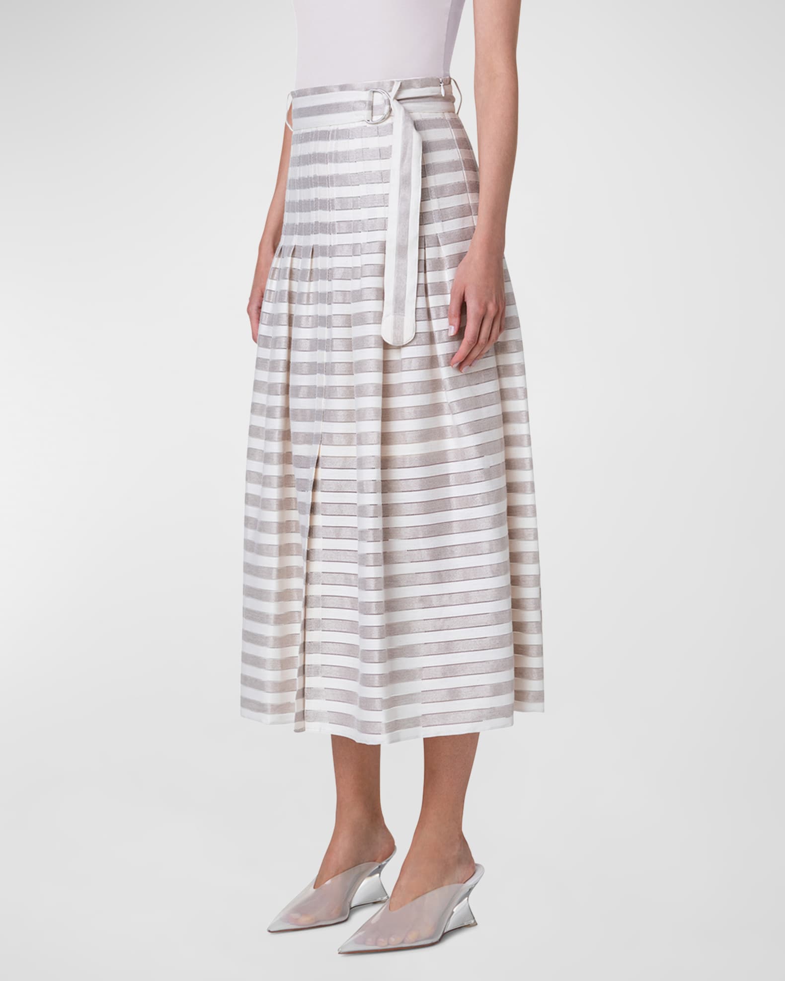 Akris punto Linen Blend Kodak Striped Midi Skirt with Belt | Neiman Marcus