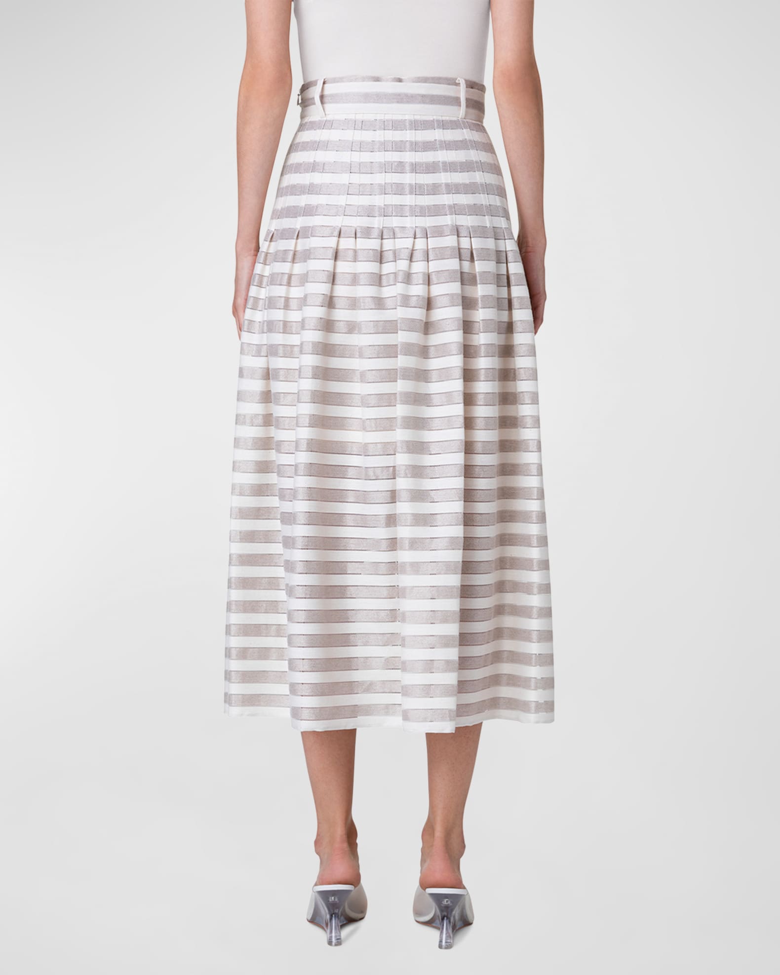 Akris punto Linen Blend Kodak Striped Midi Skirt with Belt | Neiman Marcus