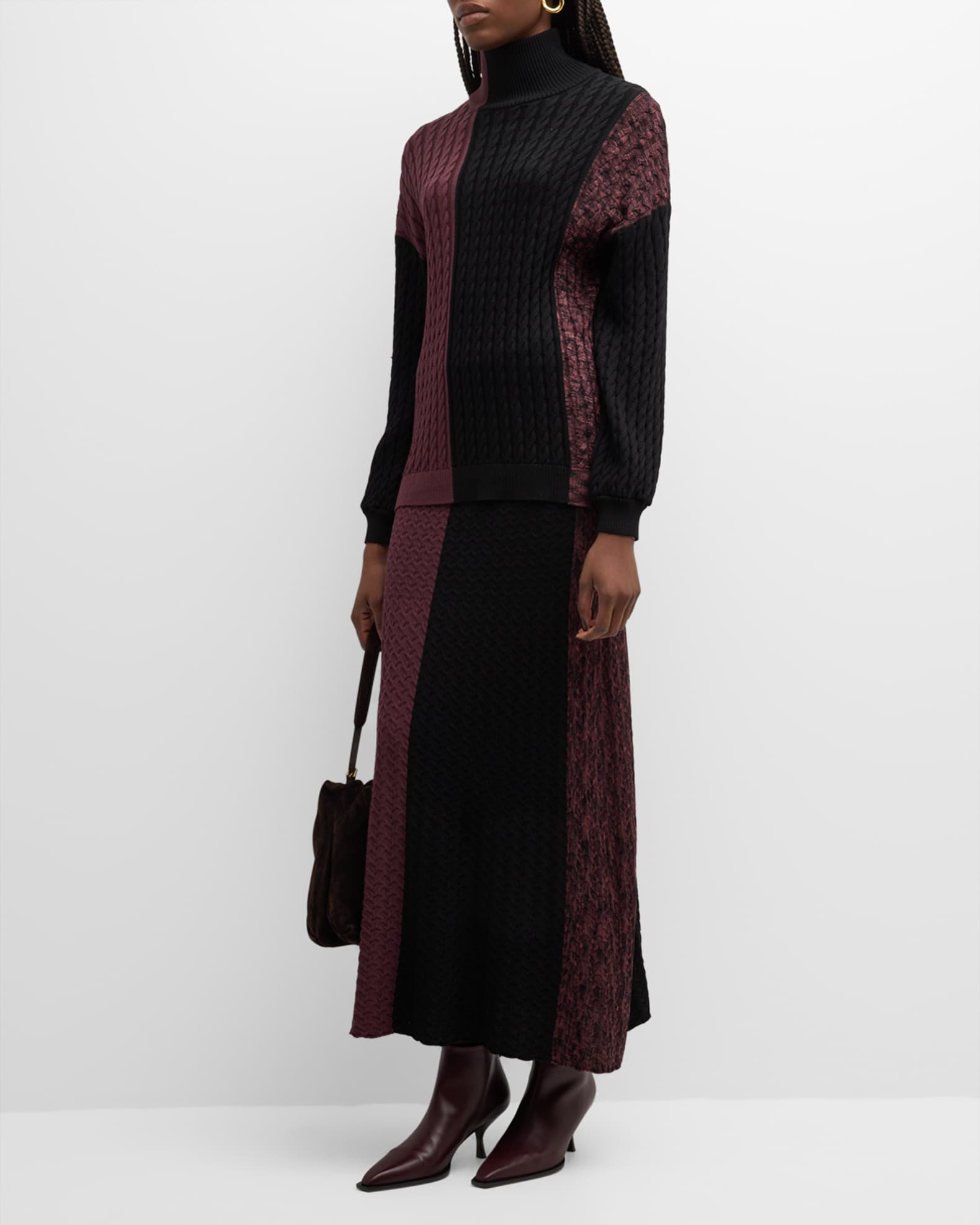 Misook Colorblock Cable-Knit Midi Skirt | Neiman Marcus