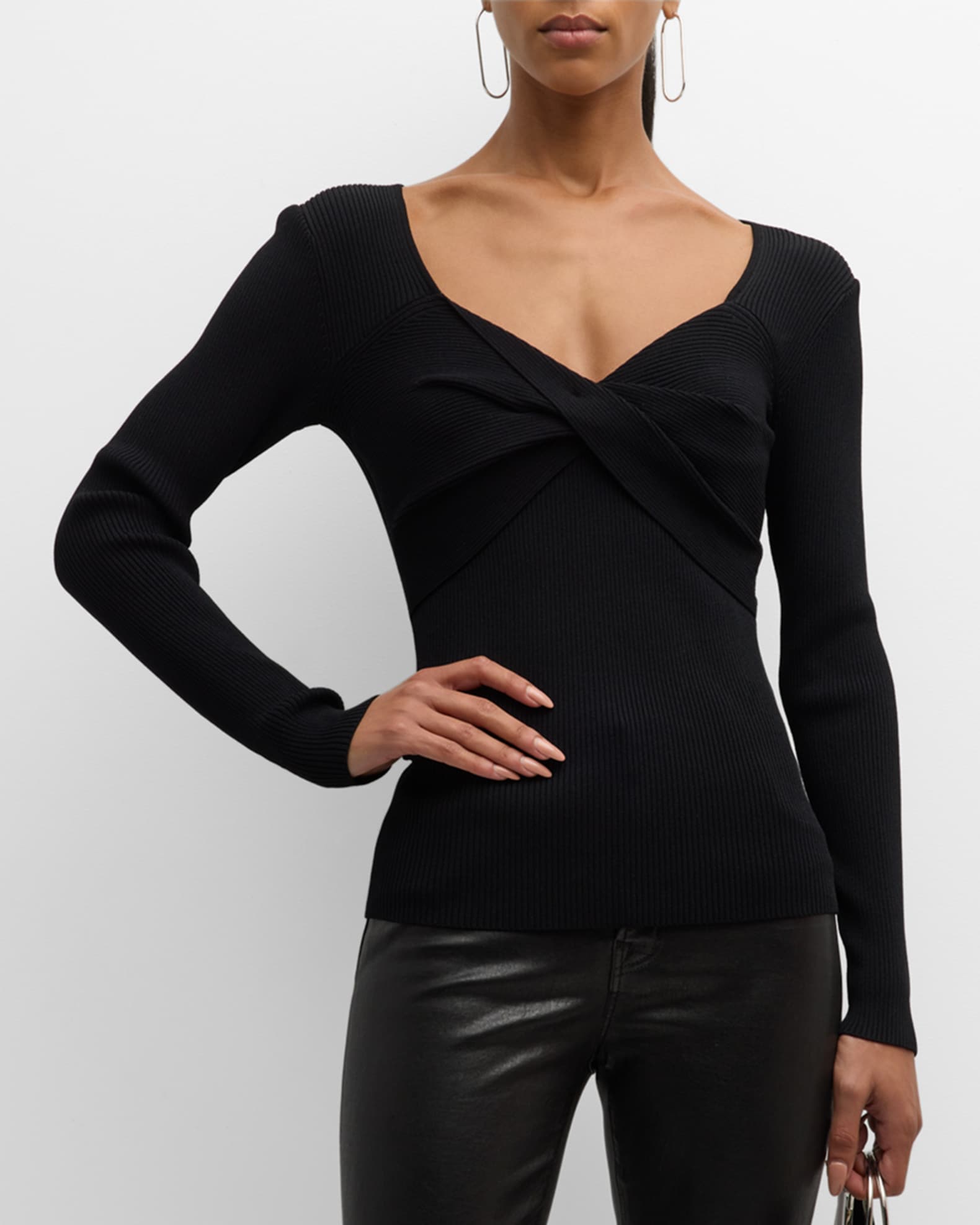 Elie Tahari Ribbed Twist-Front Sweater | Neiman Marcus