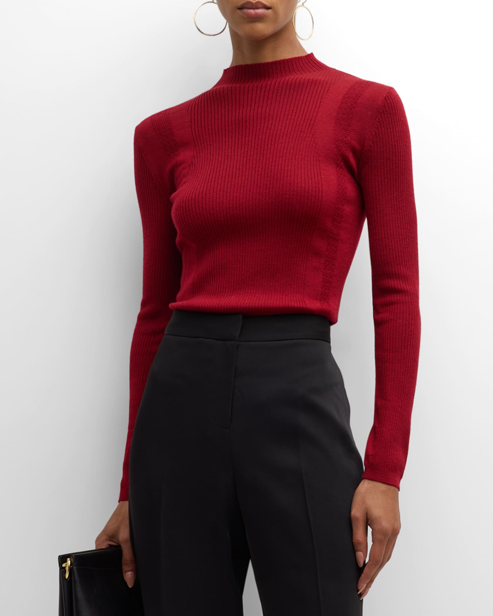 Elie Tahari Ribbed Mock-Neck Pointelle-Stitch Sweater | Neiman Marcus
