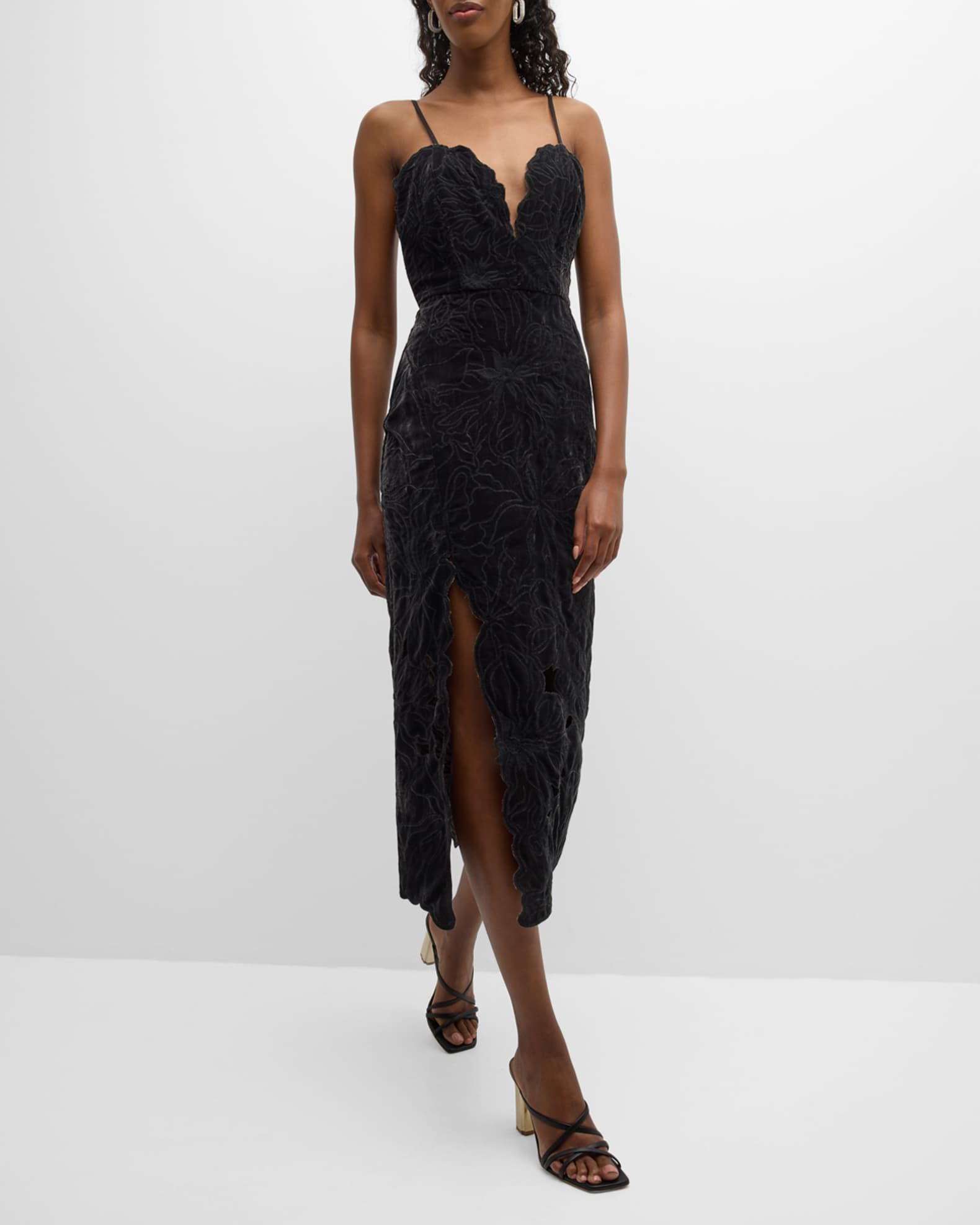 Ramy Brook Haven Embroidered Deep V-Neck Midi Dress | Neiman Marcus