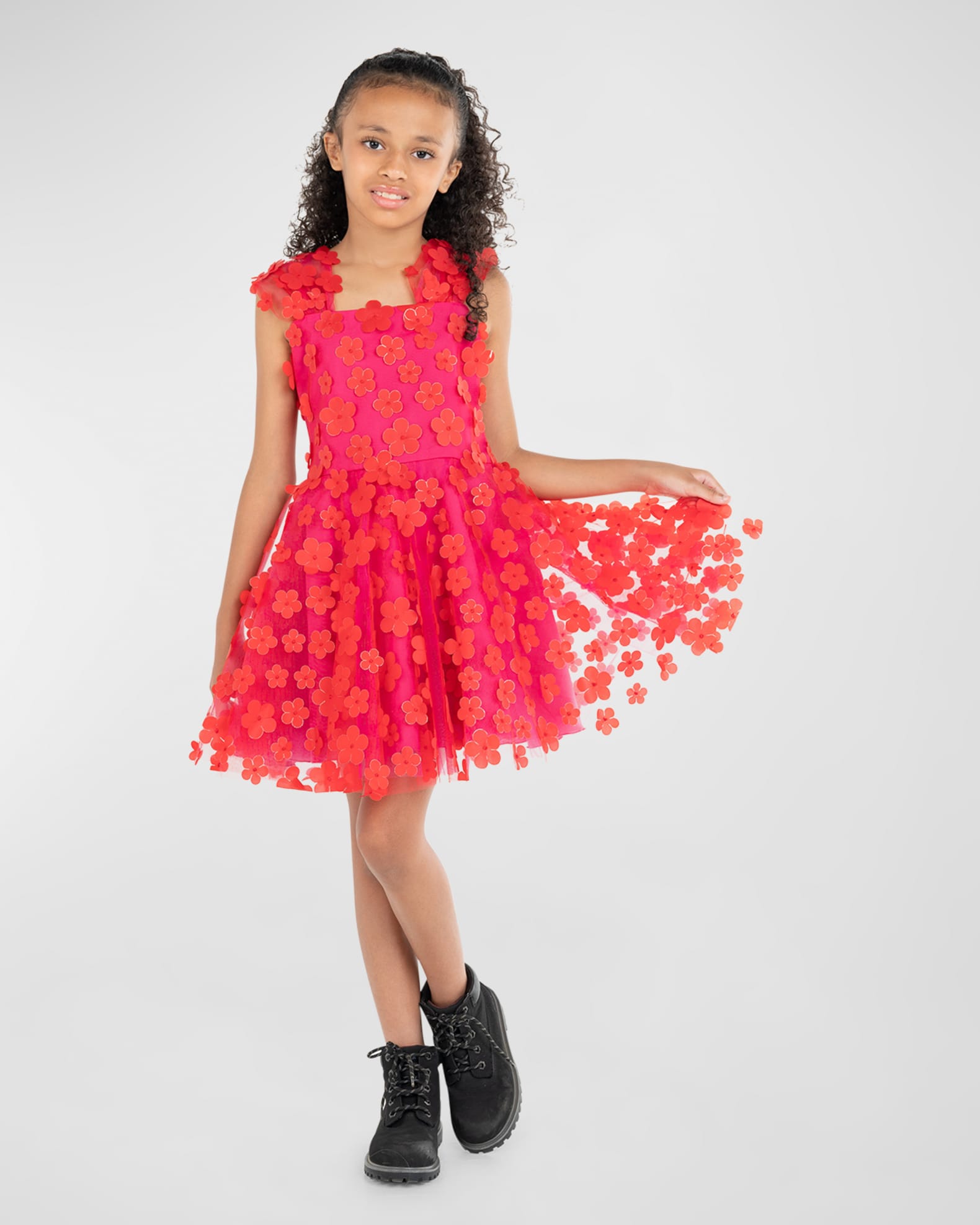 Girl's Bianca 3D Floral Red Over Hot Pink Dress | Neiman Marcus
