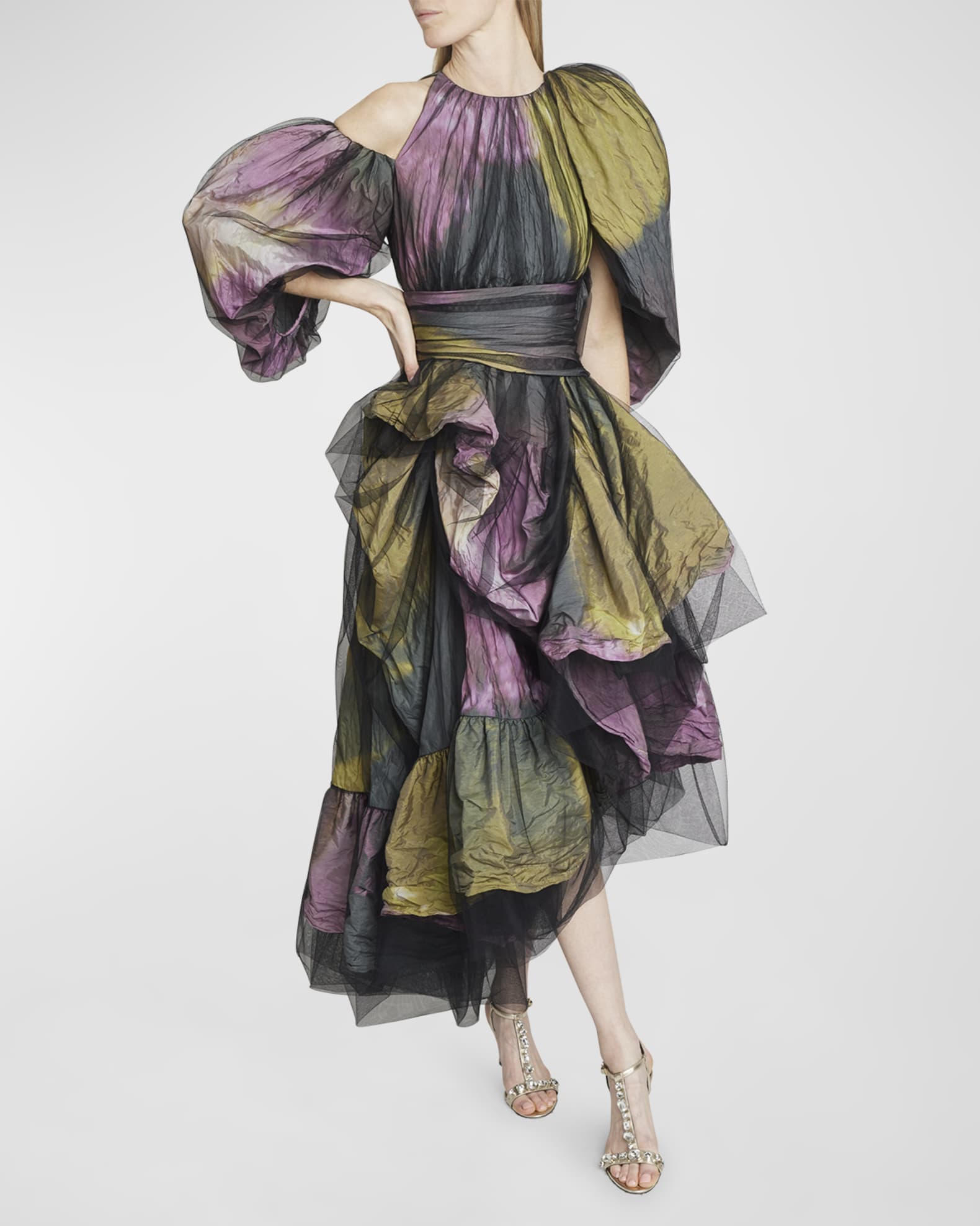 Erdem Puff-Sleeve Volume-Draped Asymmetric Midi Dress | Neiman Marcus