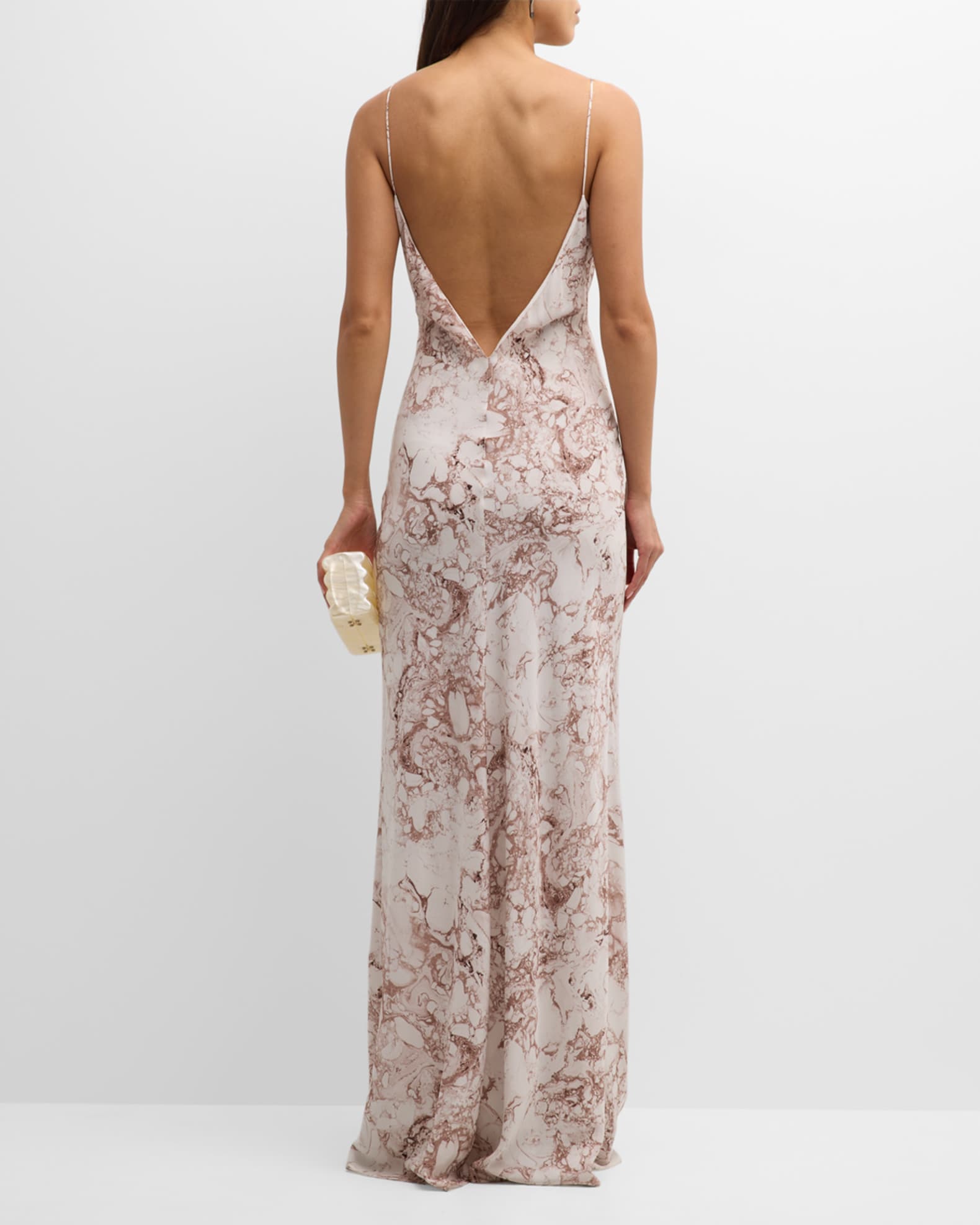 Salon 1884 Lidia Marble-Print V-Neck Open-Back Silk Maxi Dress | Neiman ...
