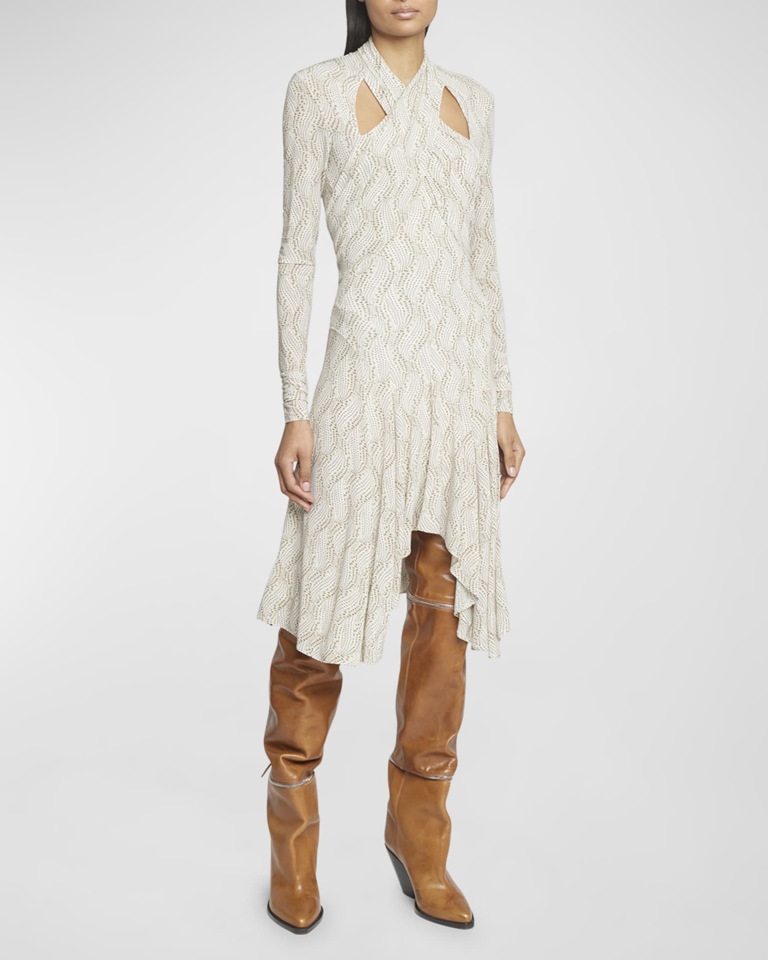 Isabel Marant Payton Wavy-Print Crossover Cutout Long-Sleeve Midi Dress ...