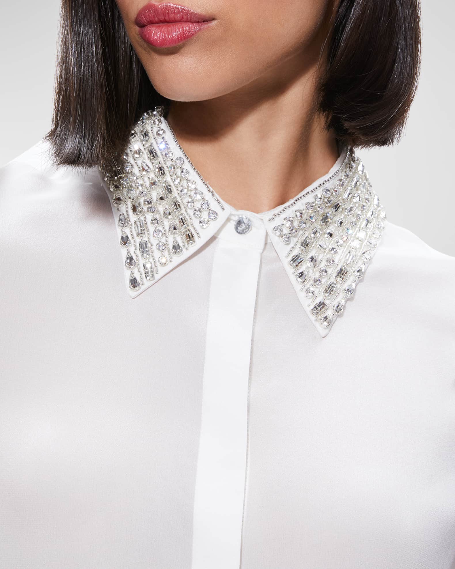 Alice + Olivia Willa Embellished Silk Placket Top | Neiman Marcus