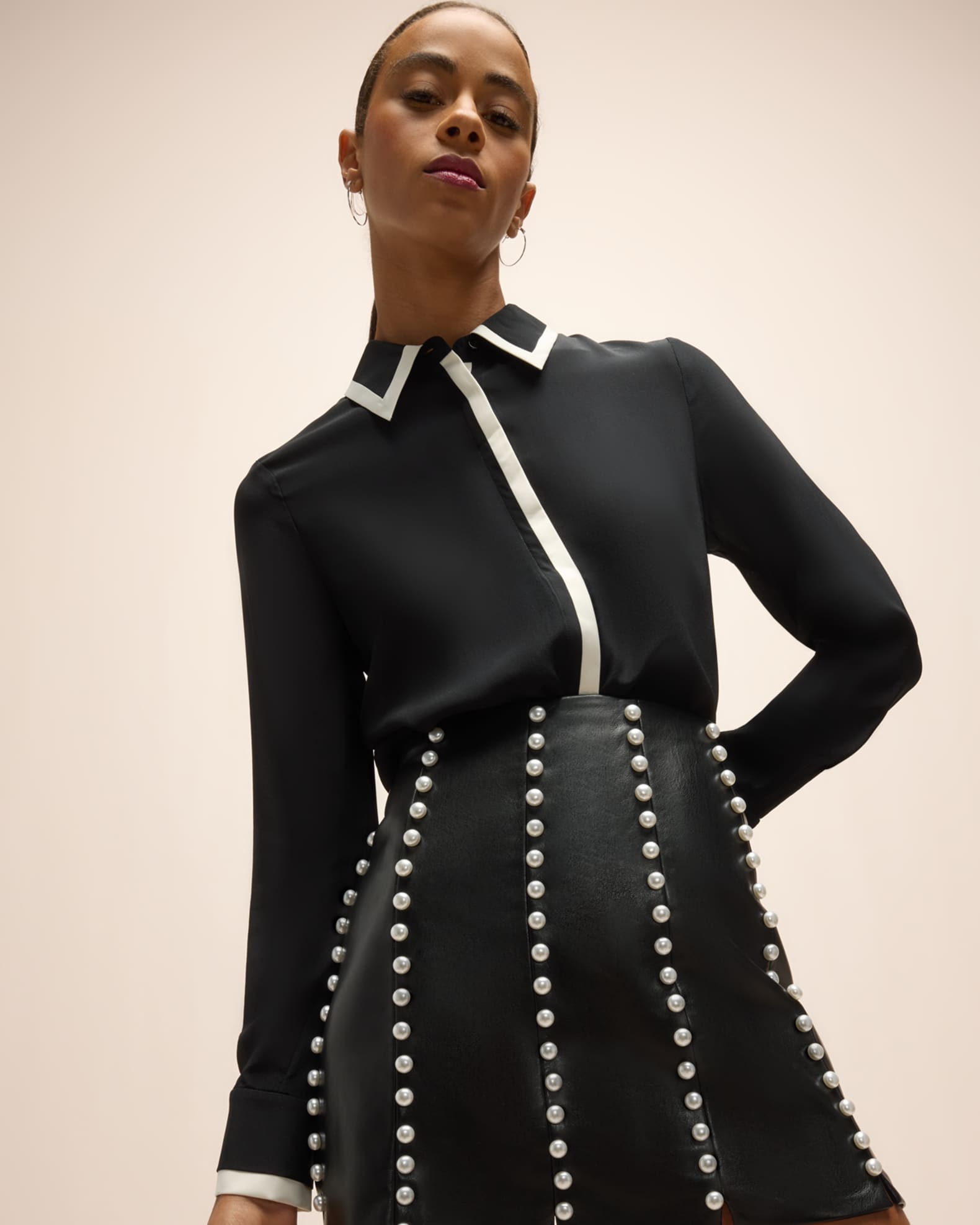 Alice + Olivia Willa Placket Top with Piping Detail | Neiman Marcus