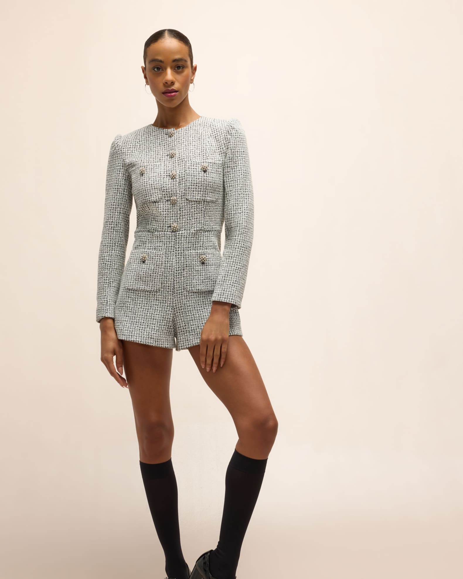Alice + Olivia Shiloh Button-Front Tweed Romper | Neiman Marcus