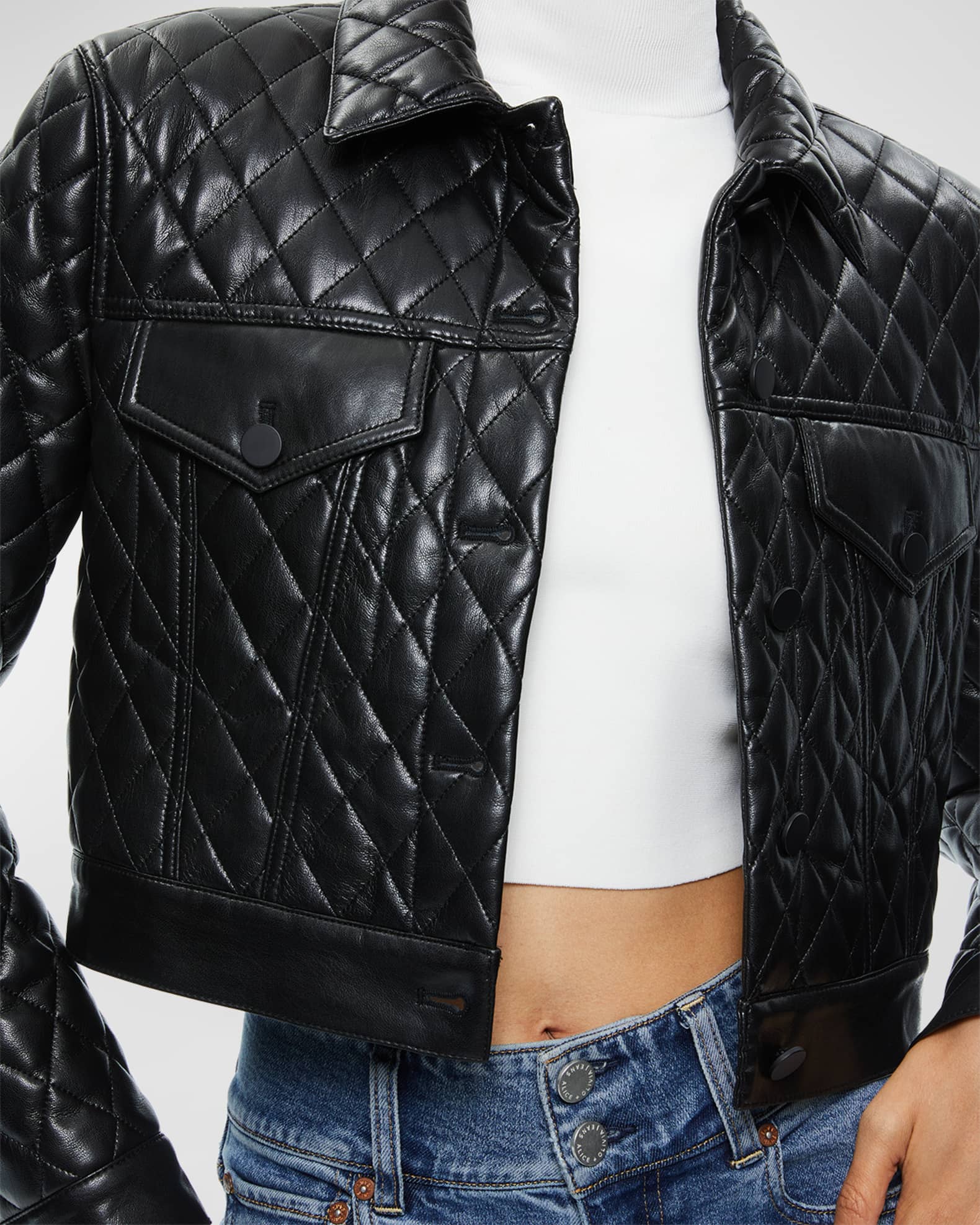 Alice + Olivia Chloe Vegan Leather Quilted Boxy Crop Jacket | Neiman Marcus