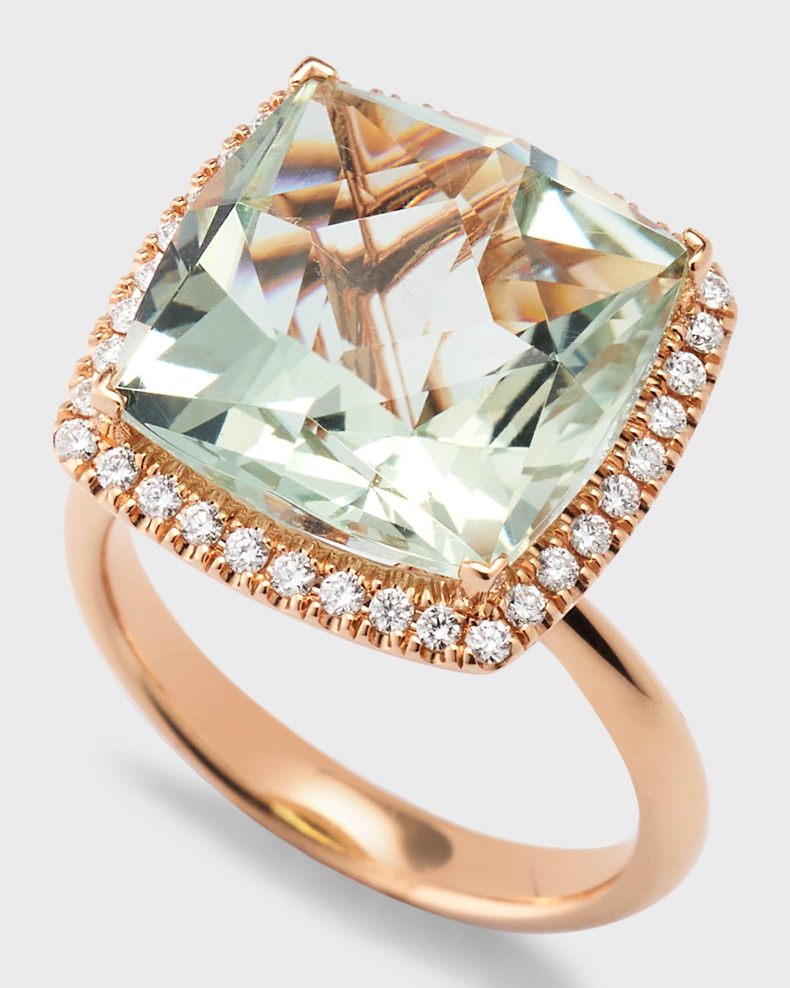 Lisa Nik Rocks 18K Rose Gold Cushion Cut Green Quartz and Diamond Halo Cocktail Ring, Size 6 ...