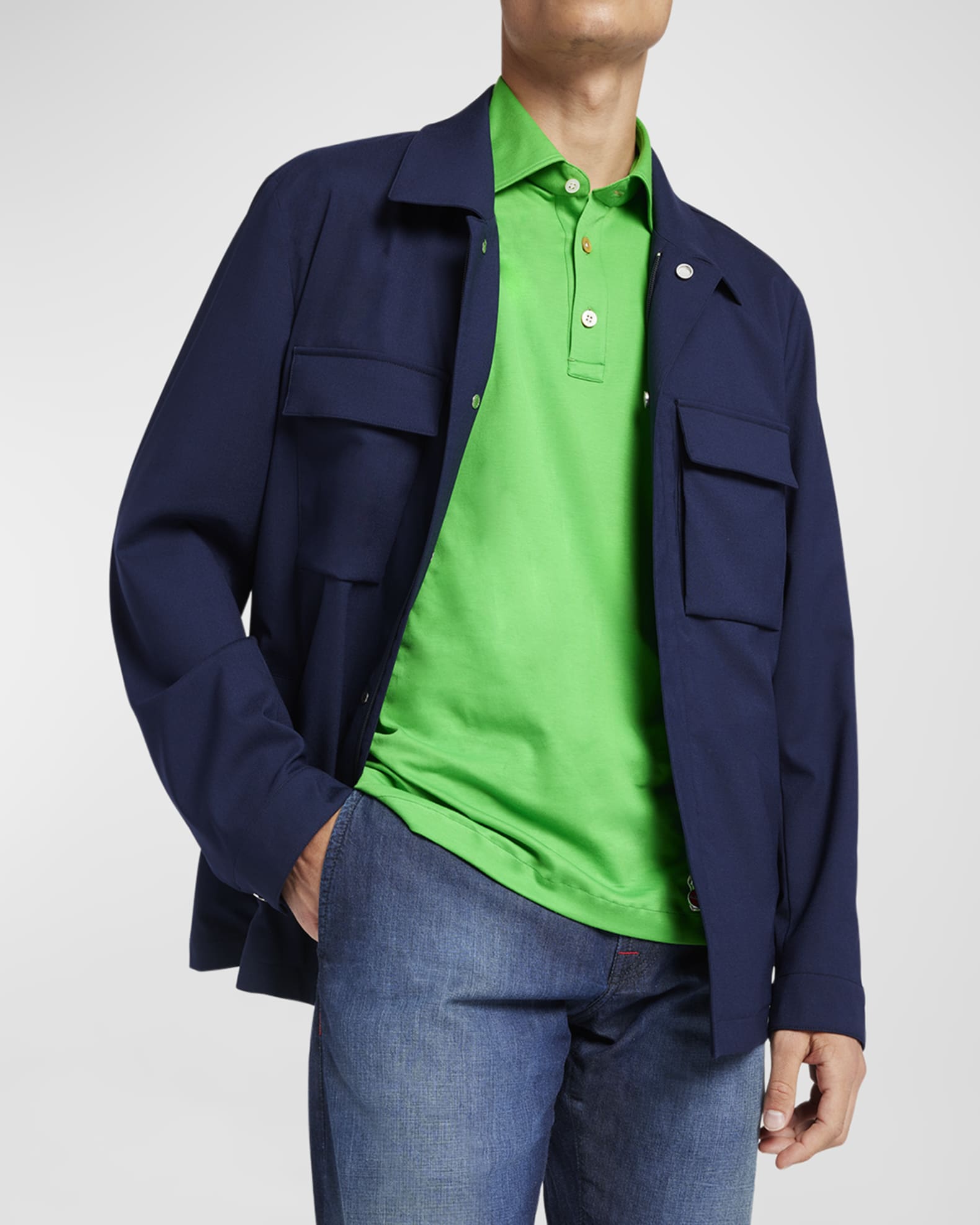Kiton Men's Technical Wool Concealed-Zip Shirt Jacket | Neiman Marcus