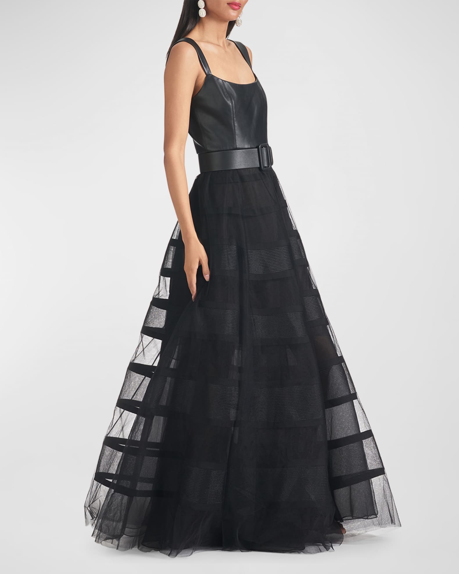 Sachin & Babi Veruca Sleeveless Faux Leather & Organza Gown | Neiman Marcus