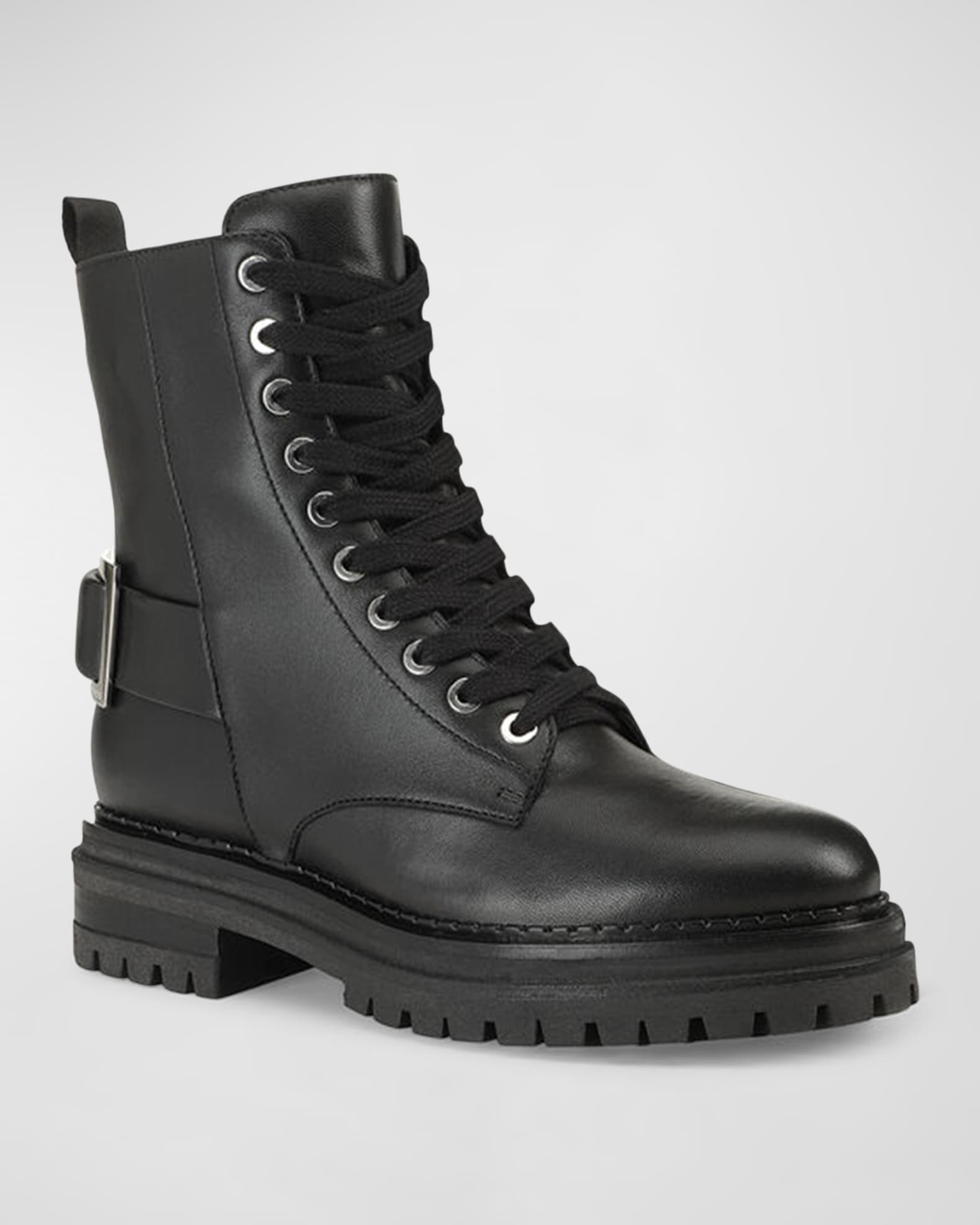 Sergio Rossi Leather Buckle Lace-Up Combat Booties | Neiman Marcus