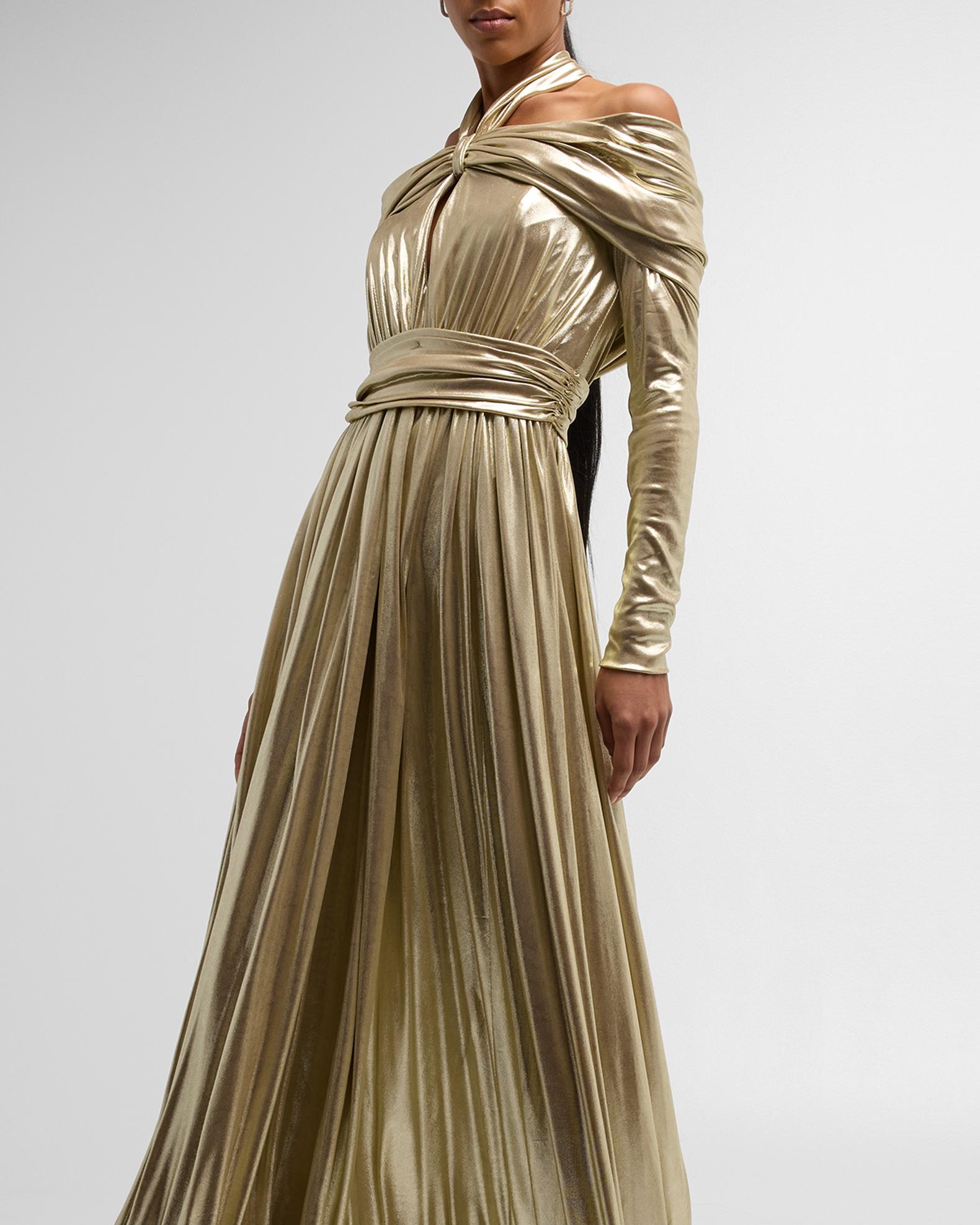 Giambattista Valli Metallic Gathered Halter Off-The-Shoulder Long ...