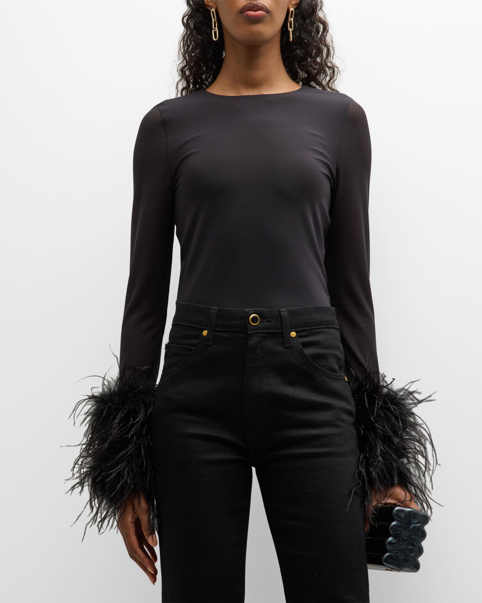 Alice + Olivia Delaina Mesh Feather-Cuff Crop Top | Neiman Marcus