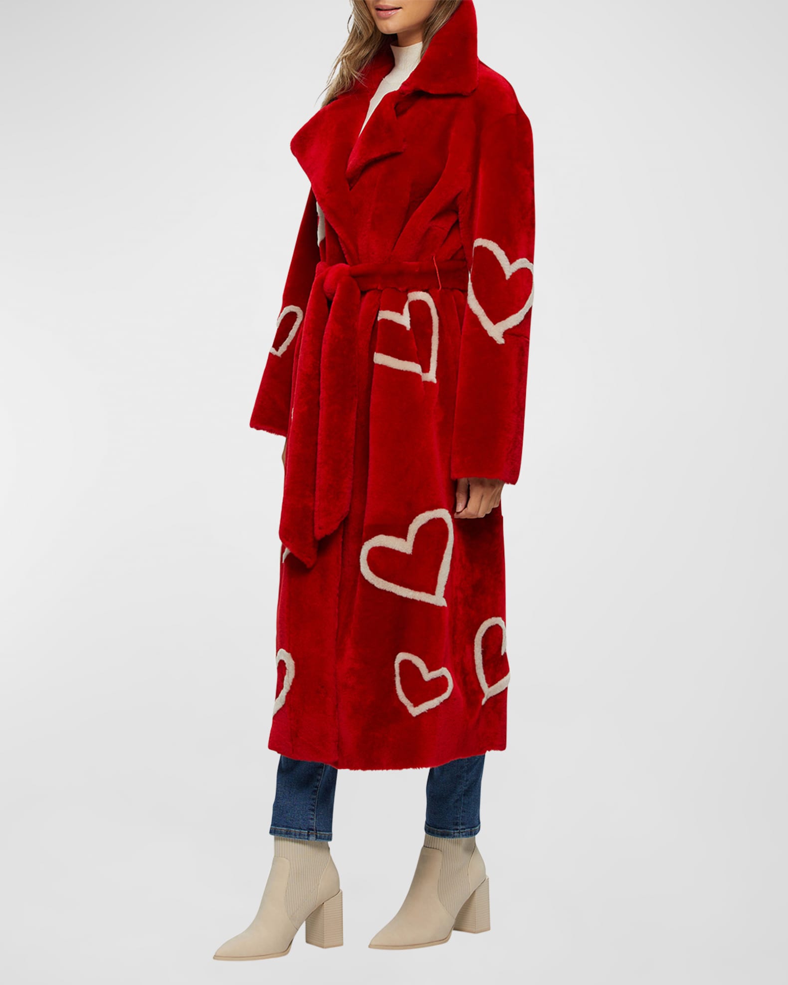 Gorski Heart-Intarsia Shearling Lamb Belted Long Coat | Neiman Marcus