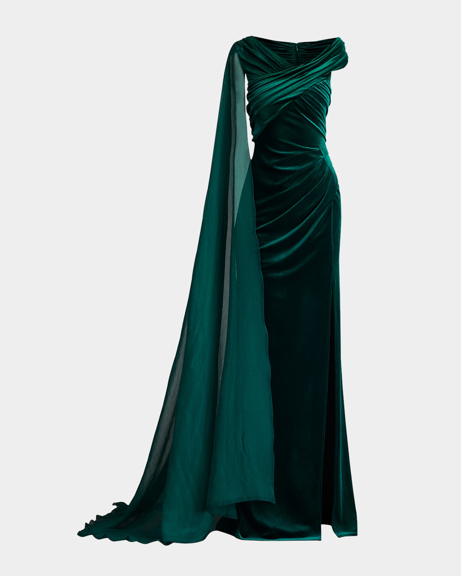 Tadashi Shoji Pleated Crossover Cape Velvet Gown | Neiman Marcus