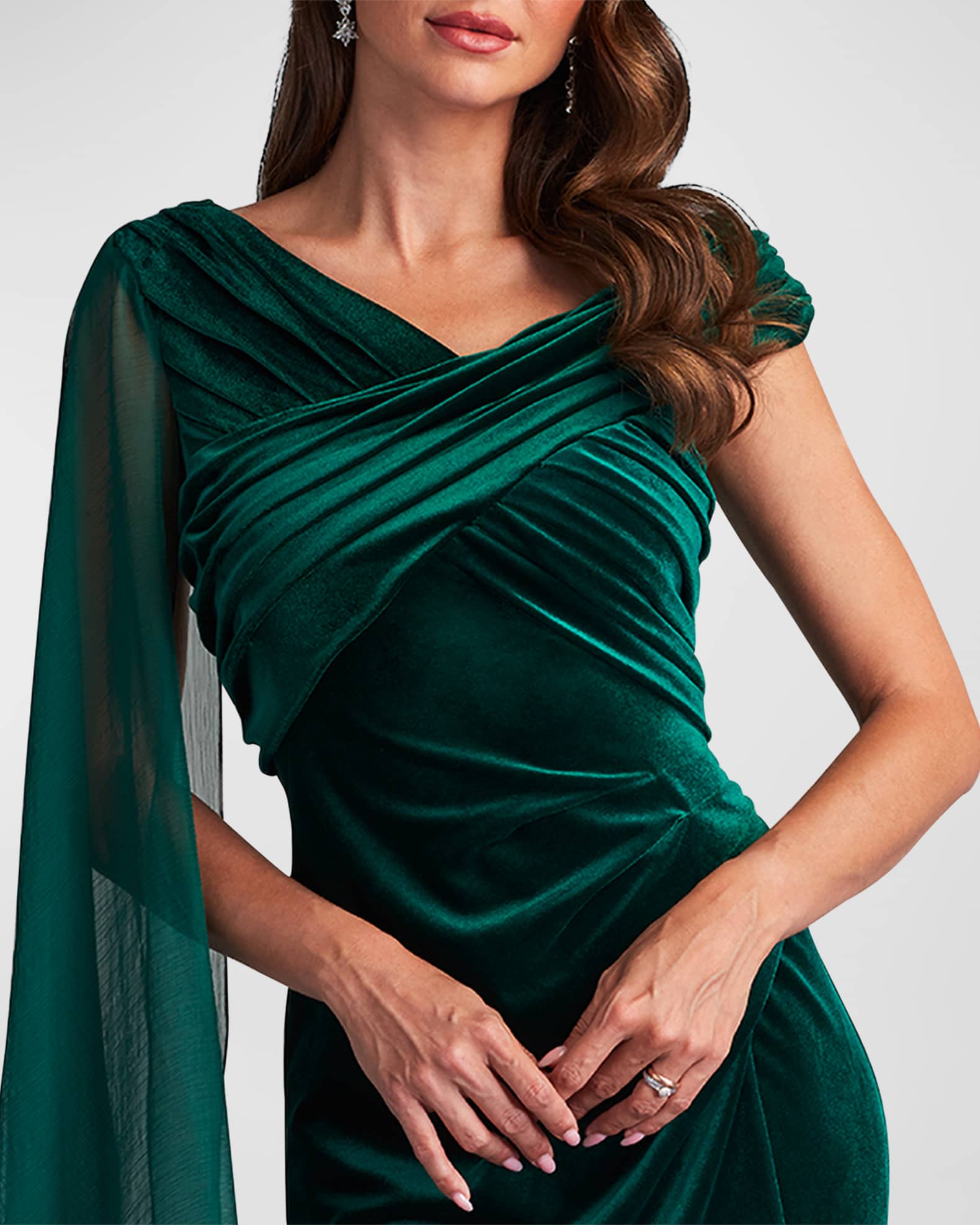 Tadashi Shoji Pleated Crossover Cape Velvet Gown | Neiman Marcus