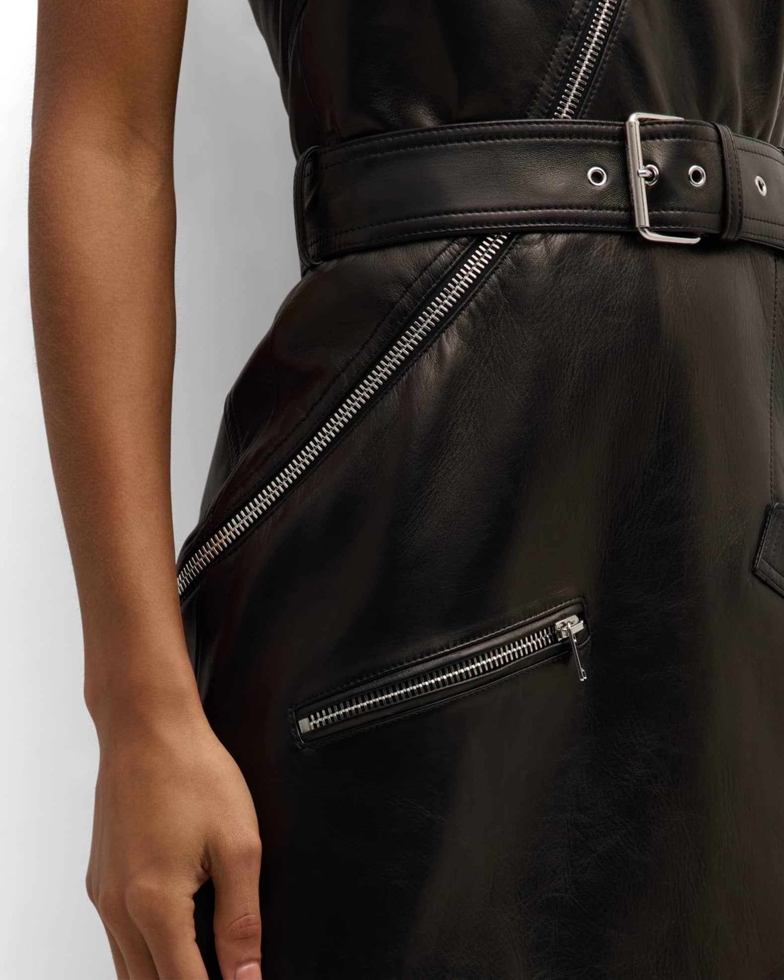 Alexander McQueen Slashed-Zip Belted Leather Midi Biker Dress | Neiman Marcus